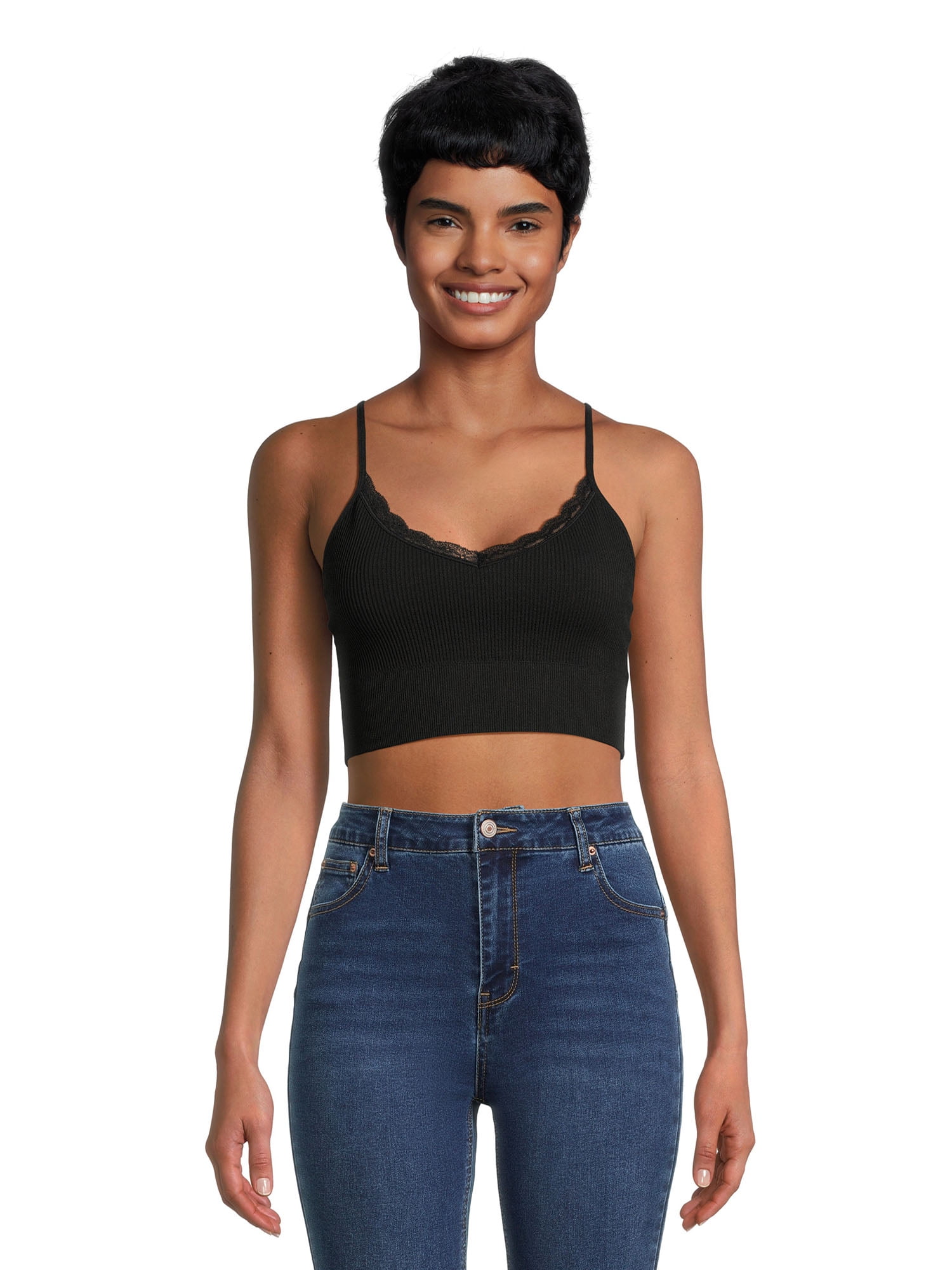 No Boundaries Juniors Seamless Bralette Top with Lace and Adjustable Straps - Walmart.com