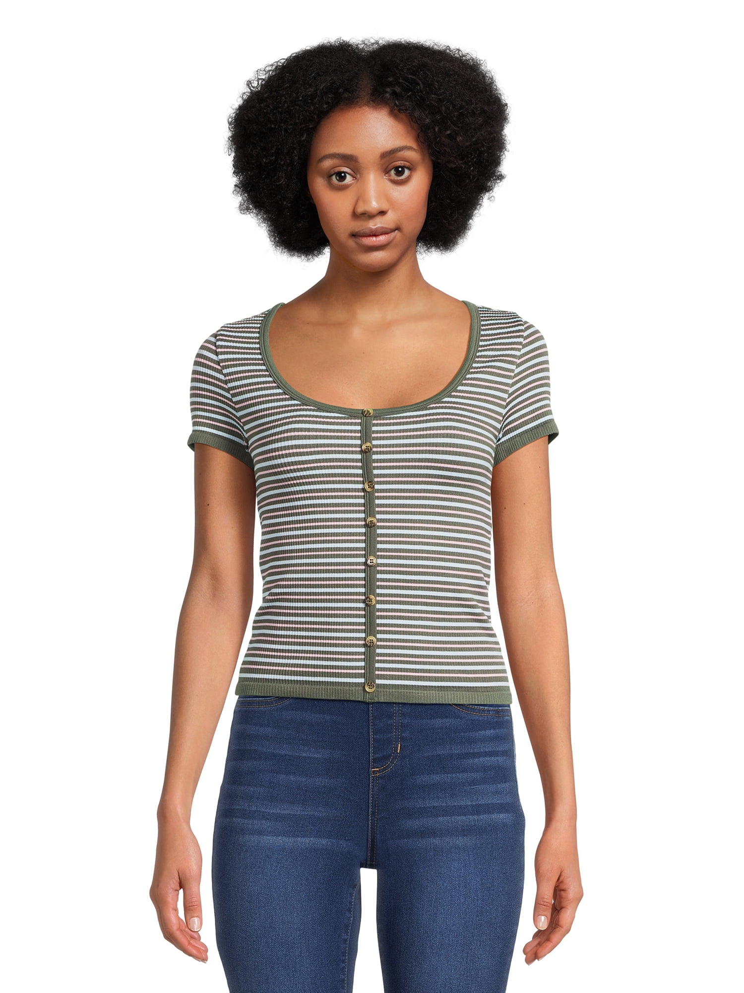 No Boundaries Seamless Button Front Tee, Women's and Women's Plus ...