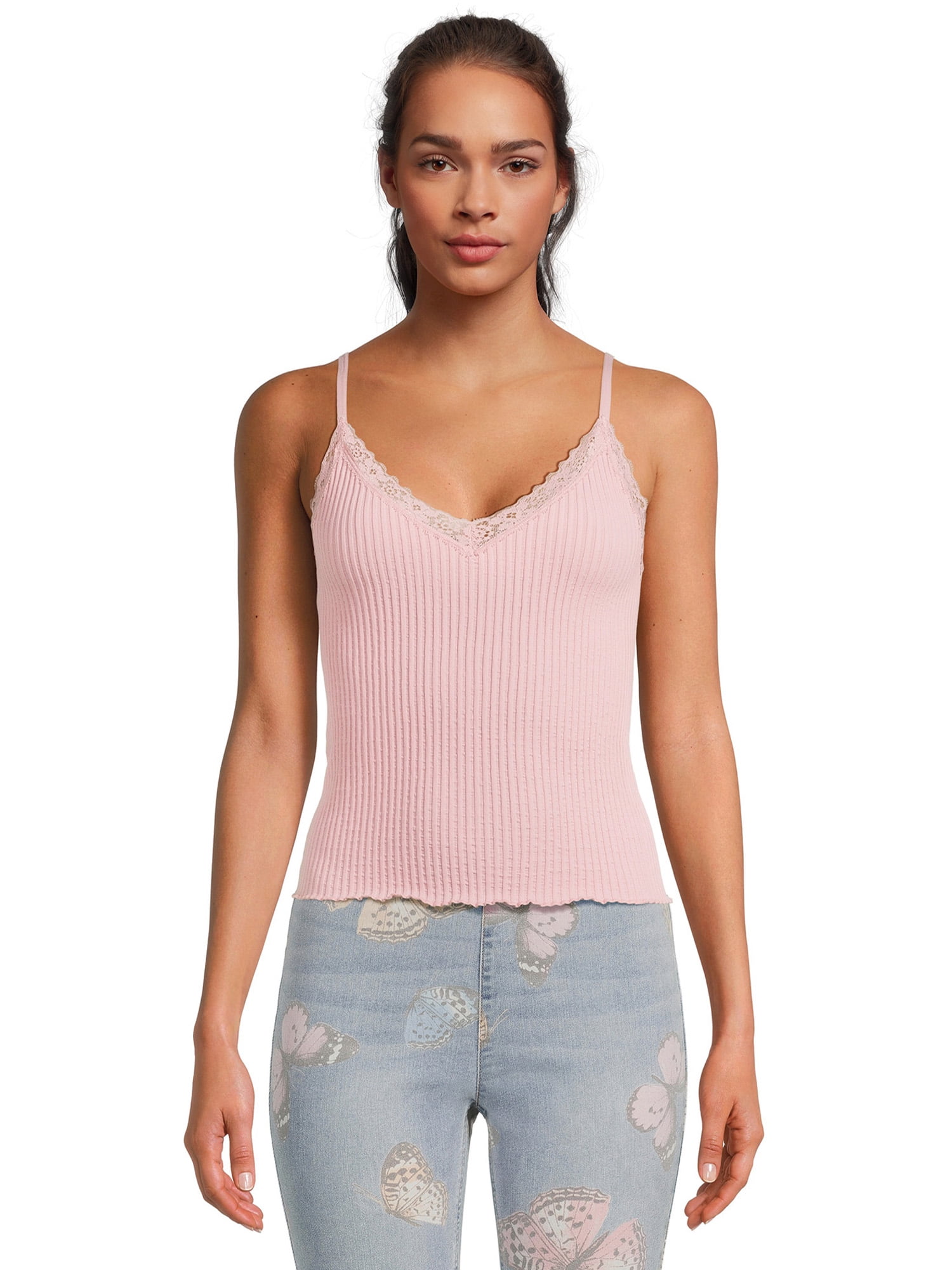 No Boundaries Juniors Seamless Lace Trim Ribbed Tank Top with ...