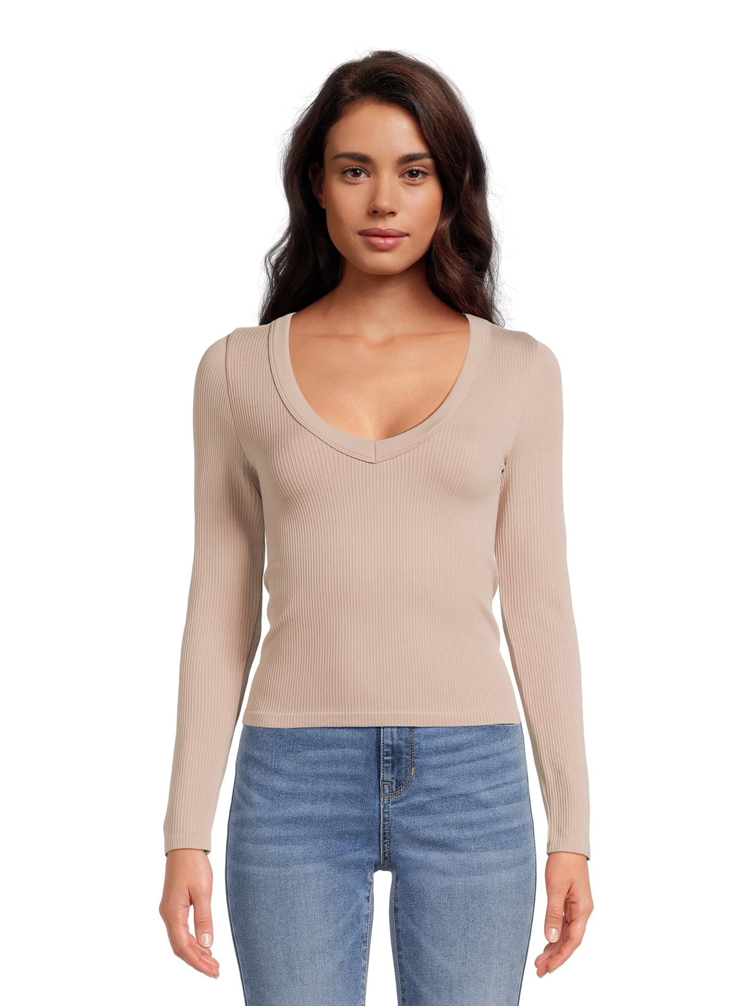 No Boundaries Juniors Seamless V-Neck Long Sleeve Tee, Sizes S-2XL, Comfortable Ribbed Stretch ...