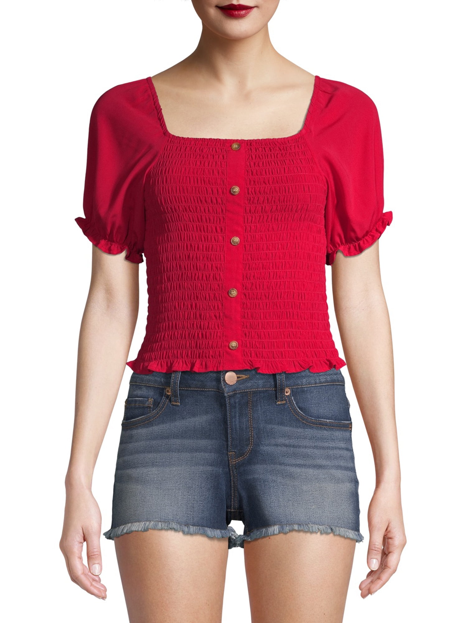 No Boundaries Juniors' Smocked Button Front Puff Sleeve Top - Walmart.com