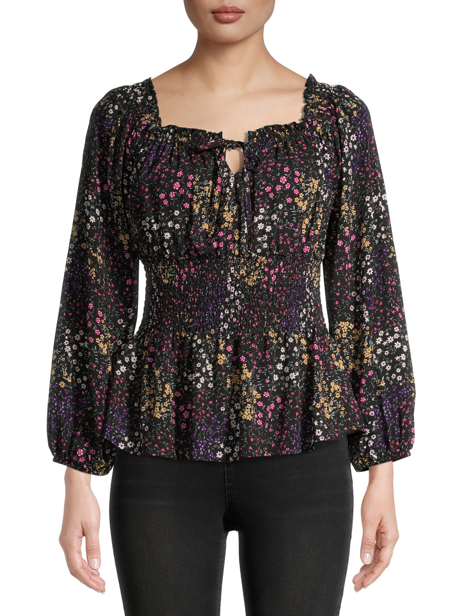 No Boundaries Juniors Smocked Waist Peasant Top - Walmart.com