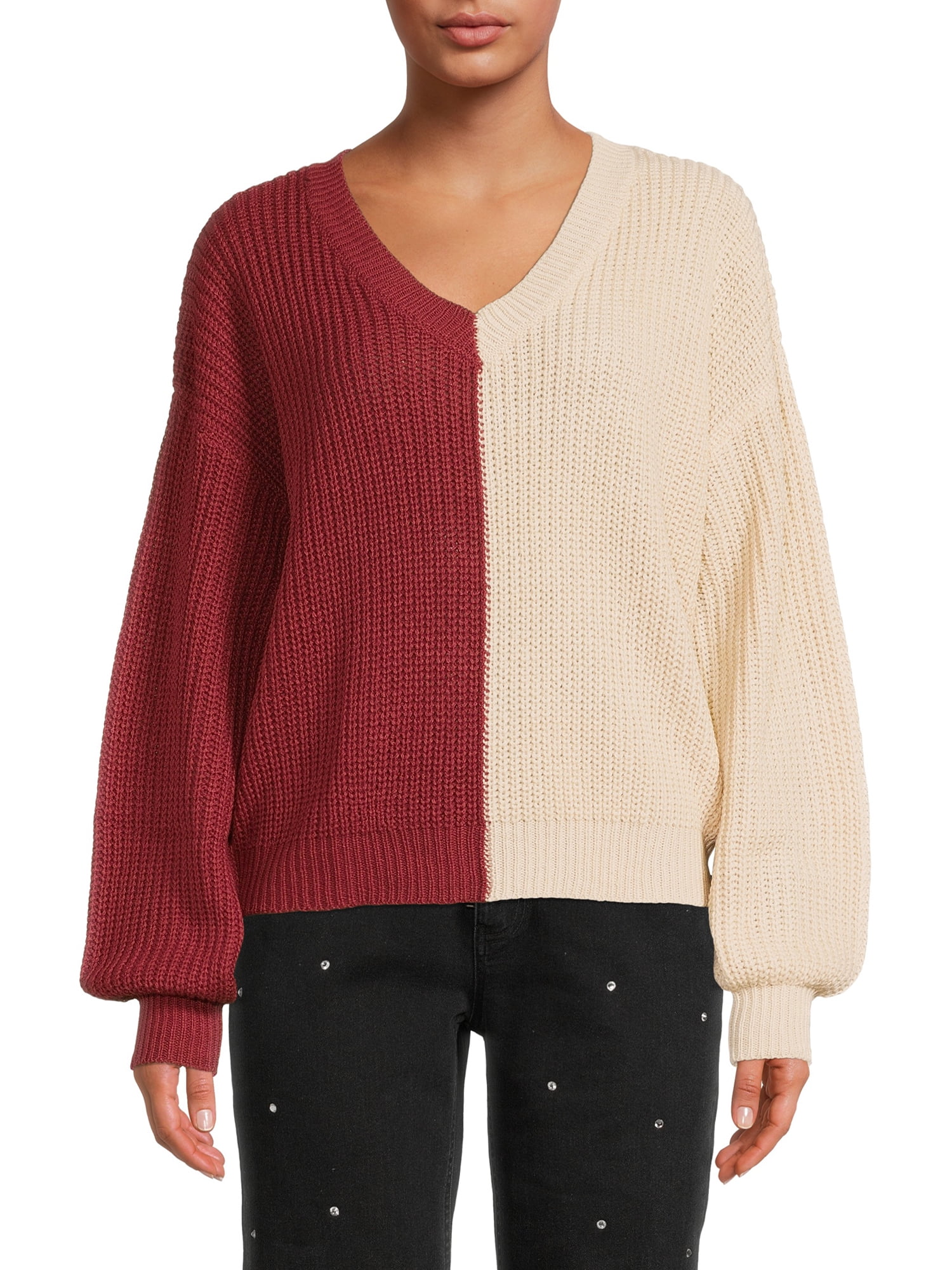 No Boundaries Juniors' Split Colorblocked Sweater - Walmart.com