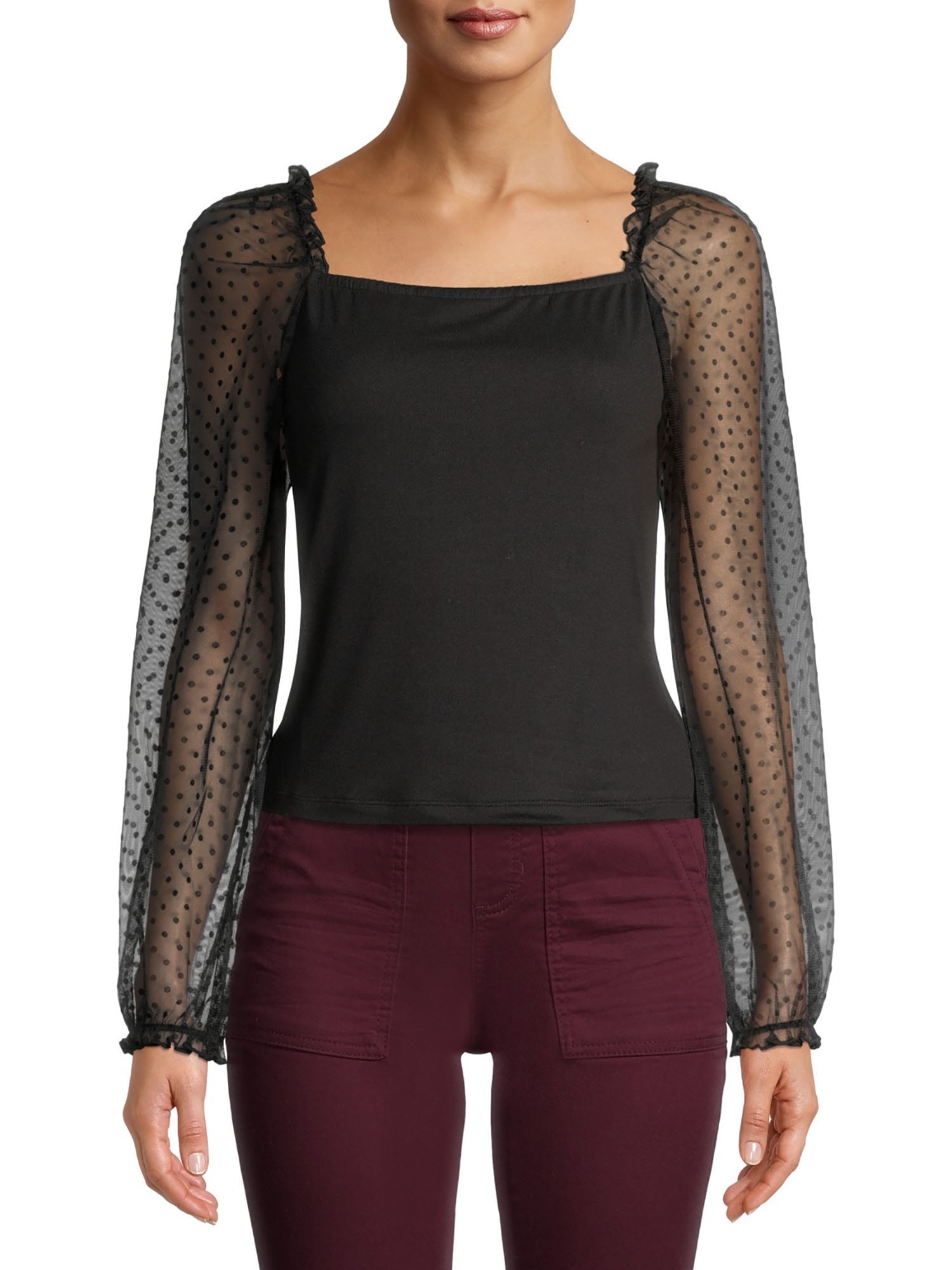 No Boundaries Juniors Square Neck Puff Sleeve Mesh Top - Walmart.com