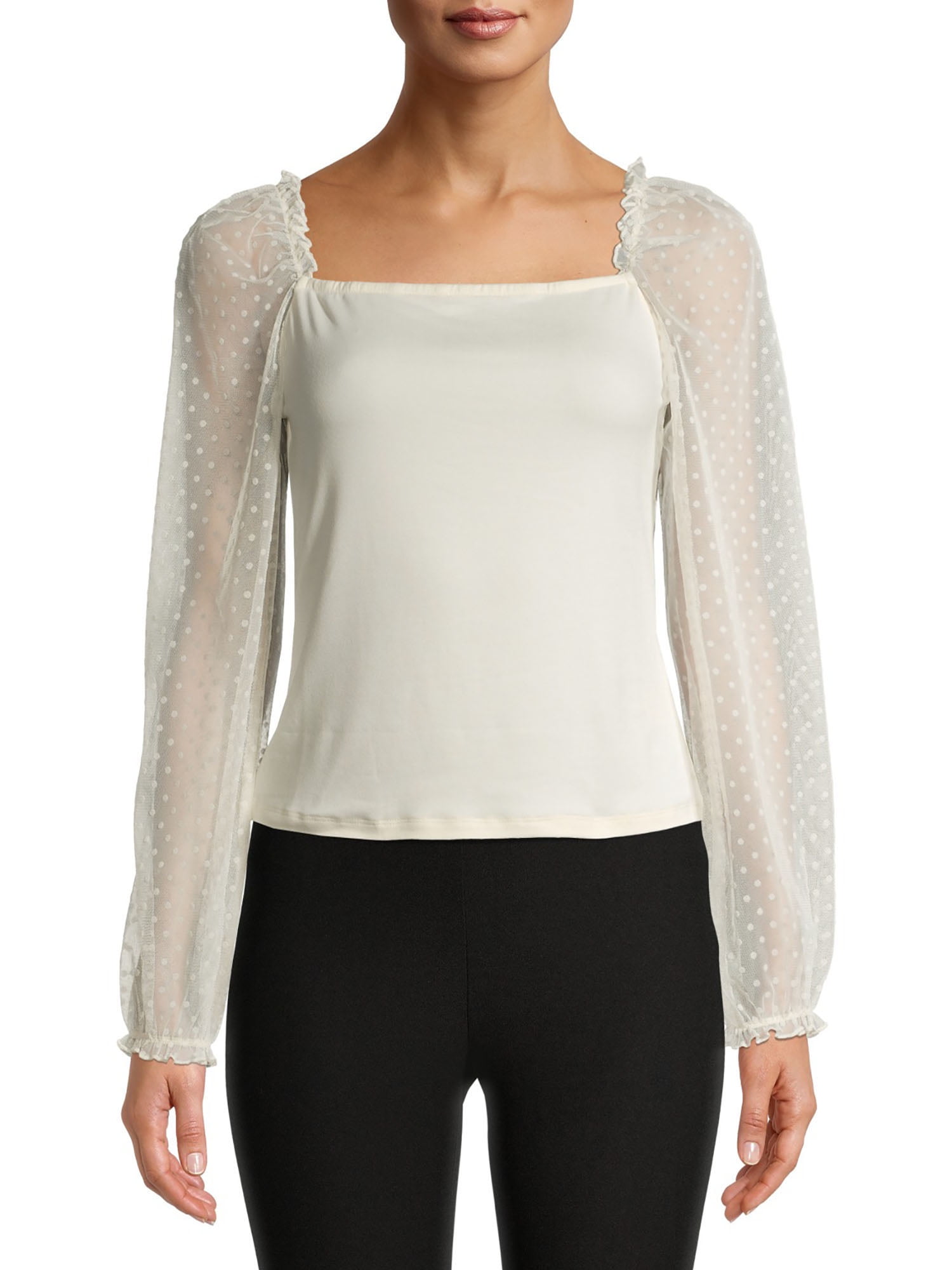 No Boundaries Juniors Square Neck Puff Sleeve Mesh Top - Walmart.com