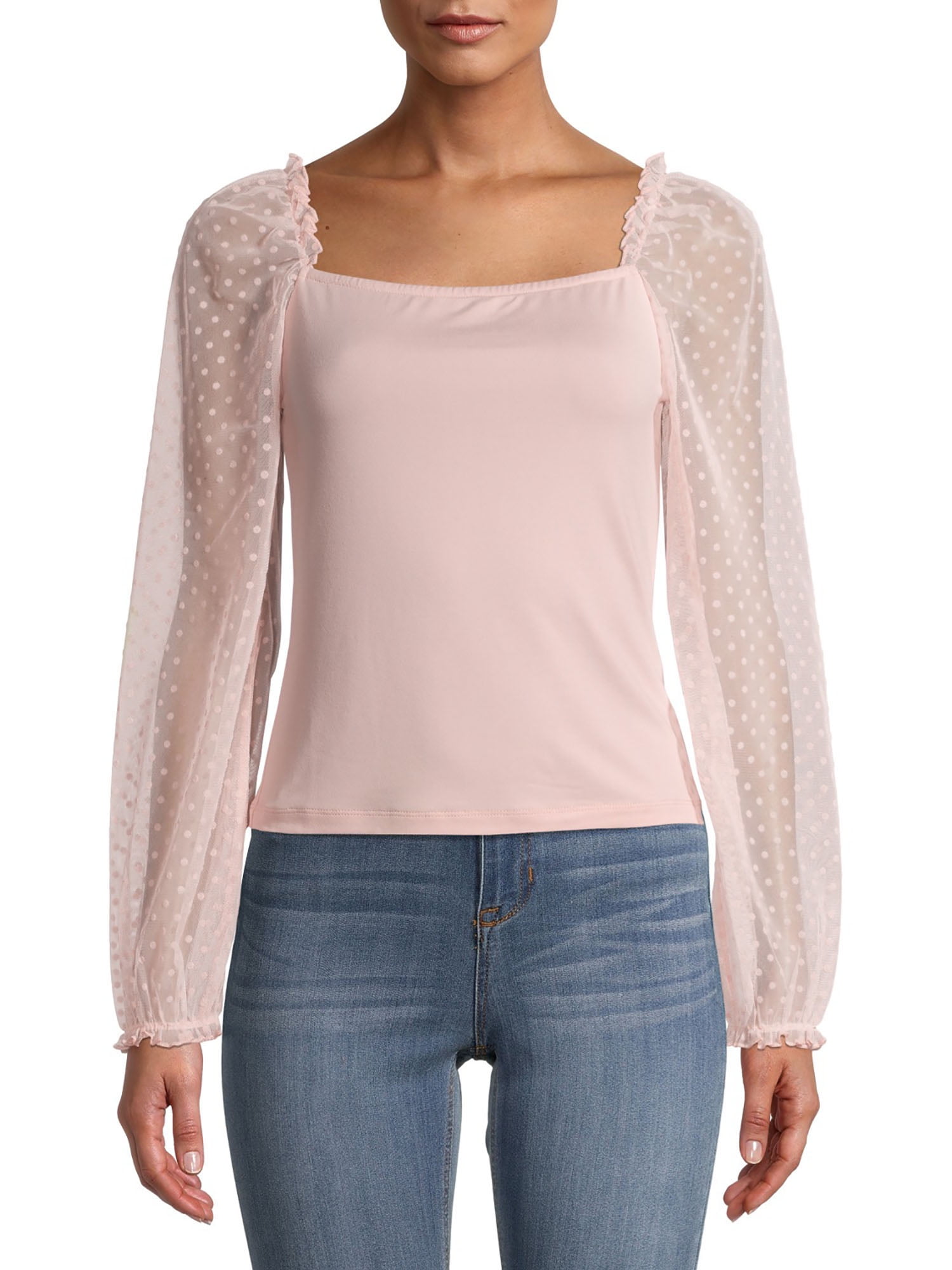 No Boundaries Juniors Square Neck Puff Sleeve Mesh Top - Walmart.com