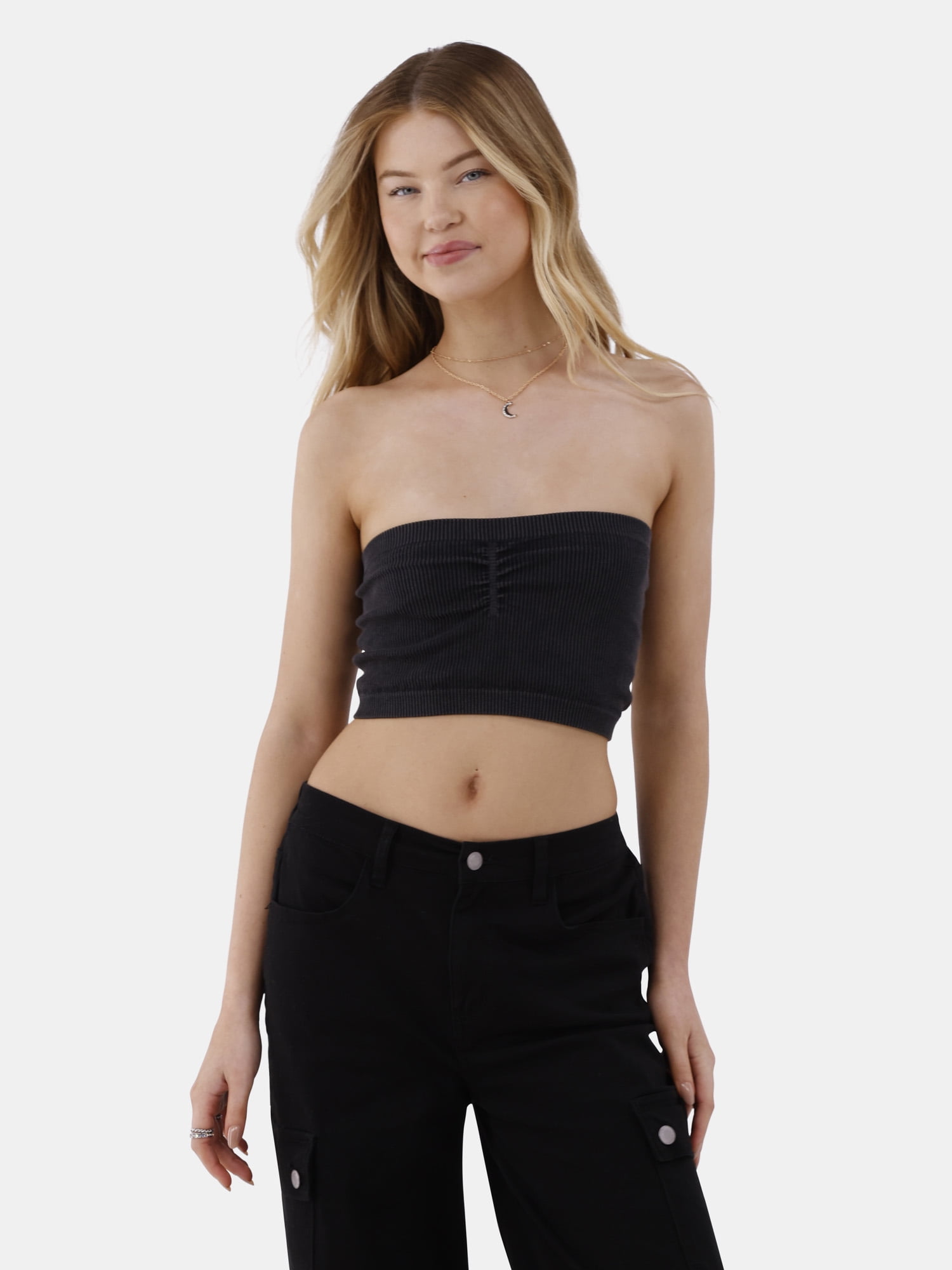 No Boundaries Juniors Ribbed Ruched Tube Top for Women, Fitted, Cropped ...