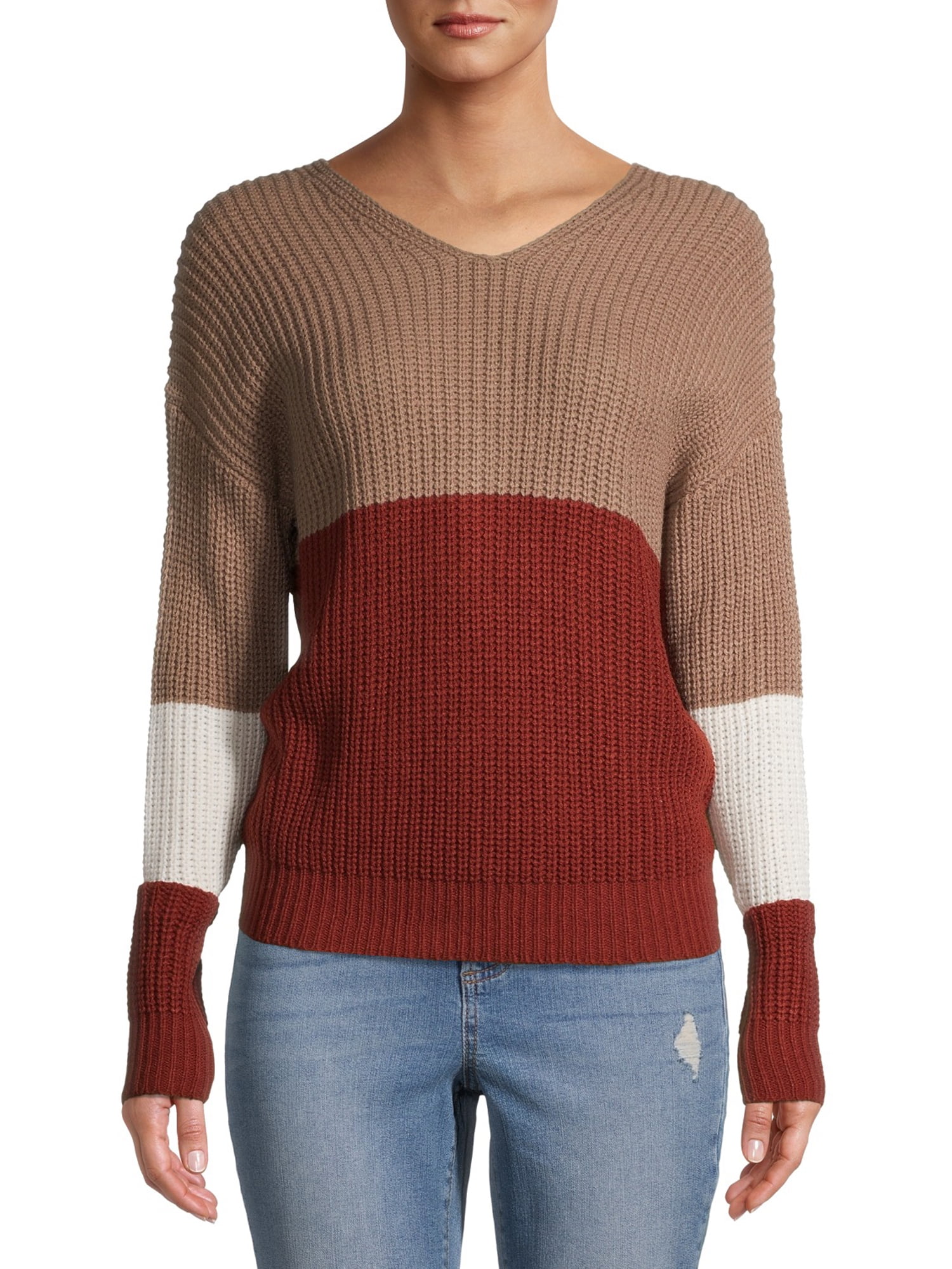 No Boundaries Juniors' Twisted Colorblocked Sweater - Walmart.com