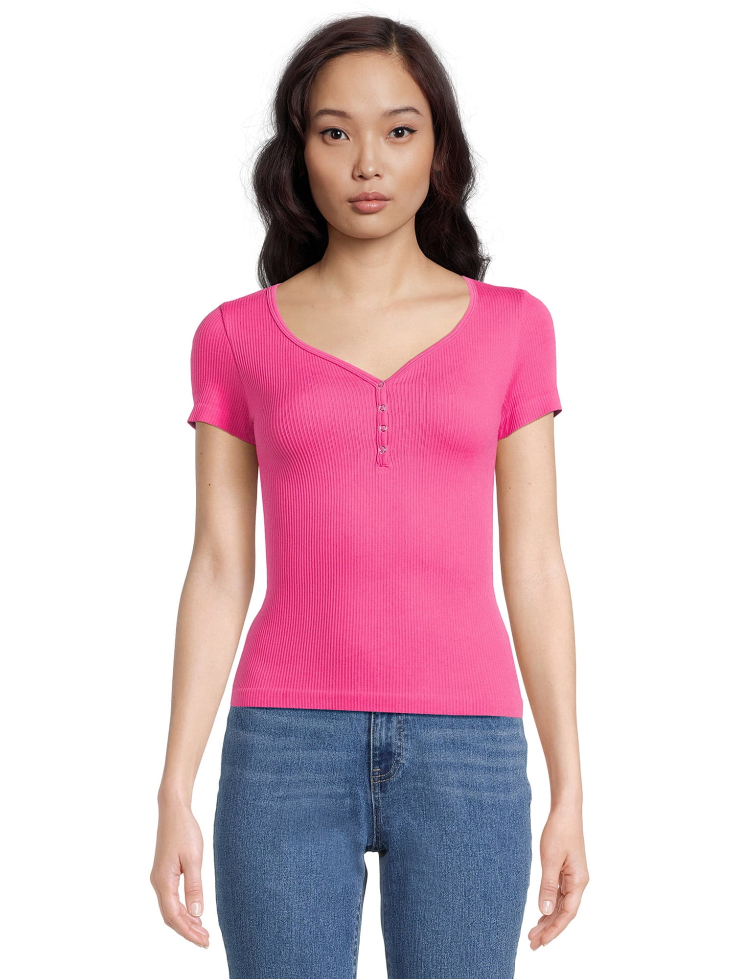 No Boundaries V-Neck Henley Top - Knit Blouse - Walmart.com