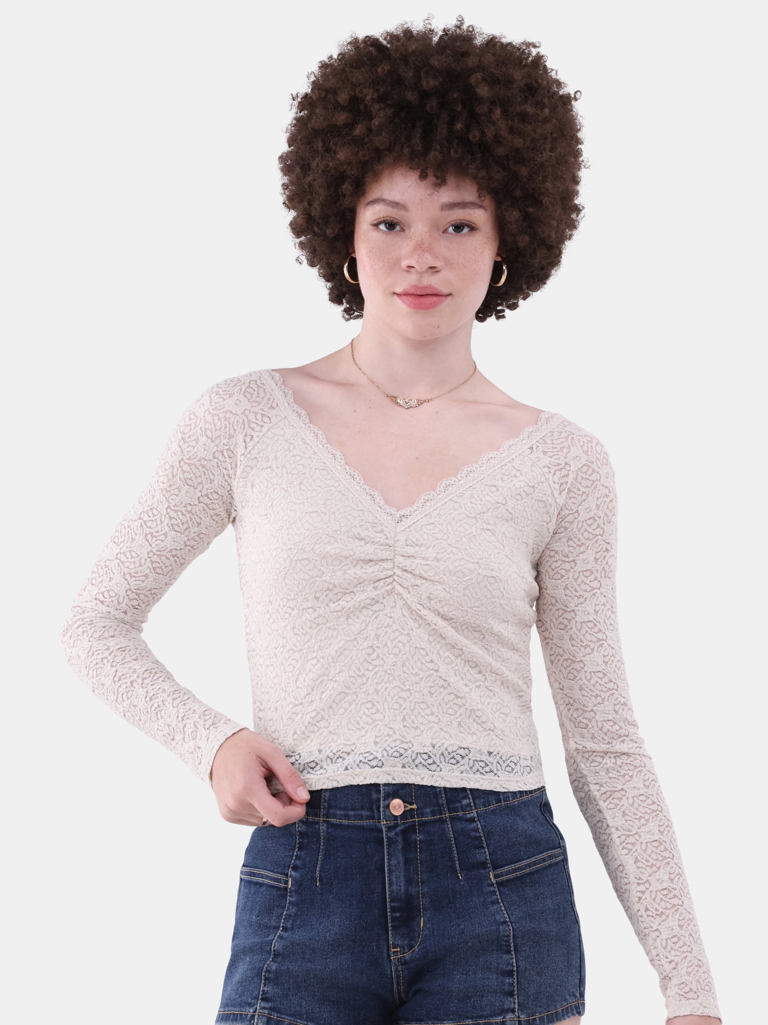 No Boundaries Lace V-Neck Top - Sheer Lace Design - Walmart.com