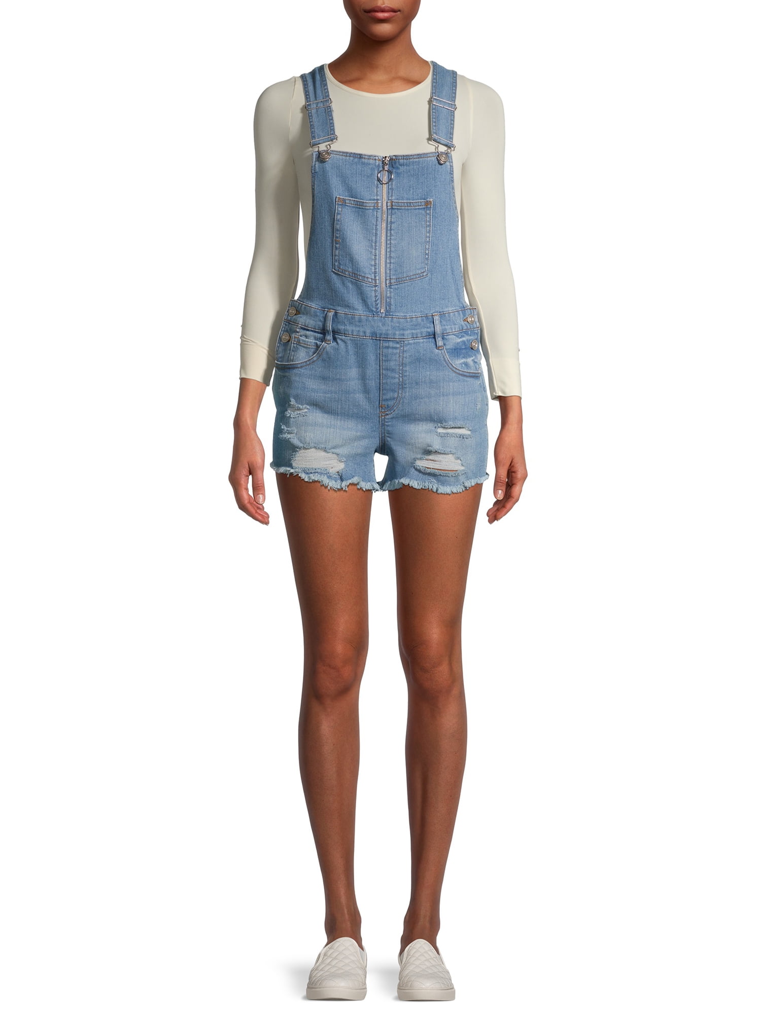 No Boundaries Juniors' Zip Front Shortalls with Destruction and Raw Hem ...