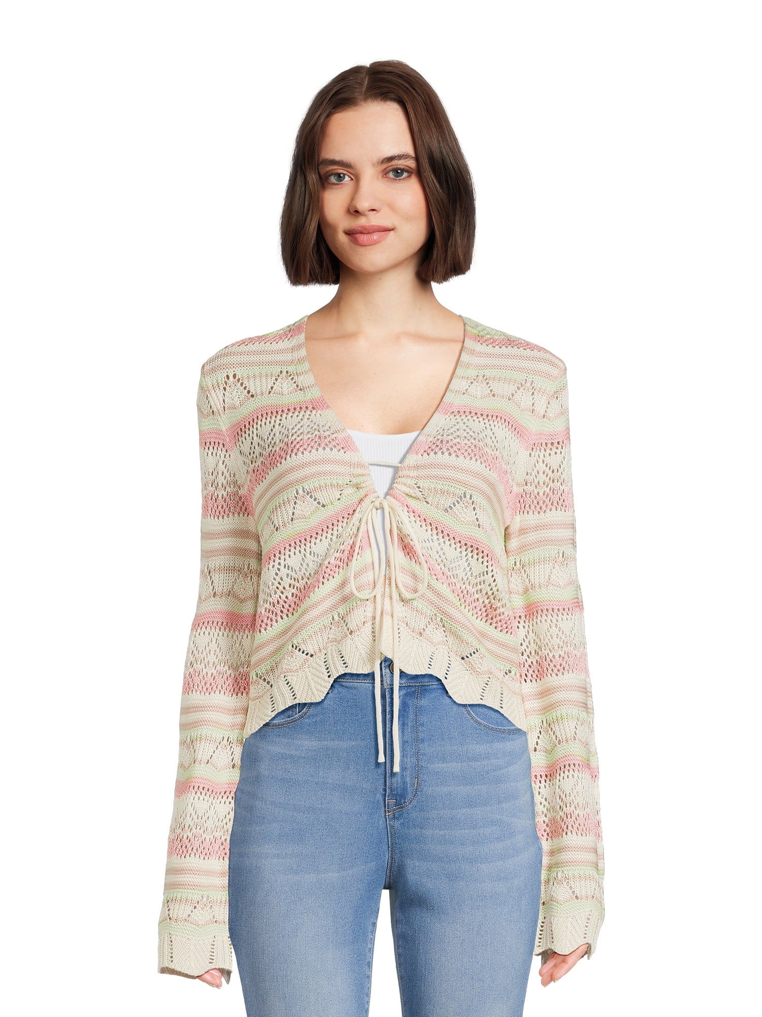 No Boundaries Juniors Pointelle Cardigan Lace Sweater, Sizes XS-4X, Tie ...