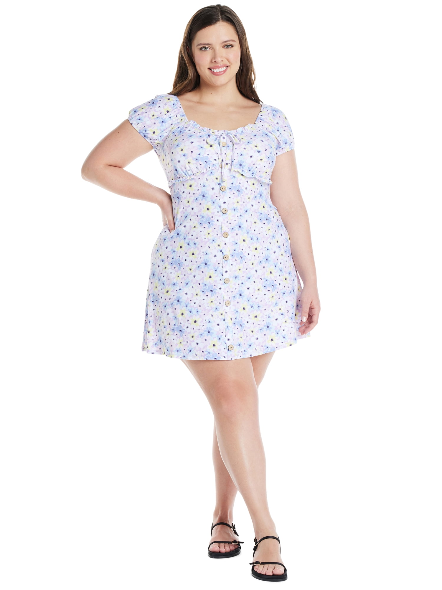 No Boundaries Women's Ruffle Button Down Dress, Sweetheart Neckline, Juniors, Flirty, Comfy ...