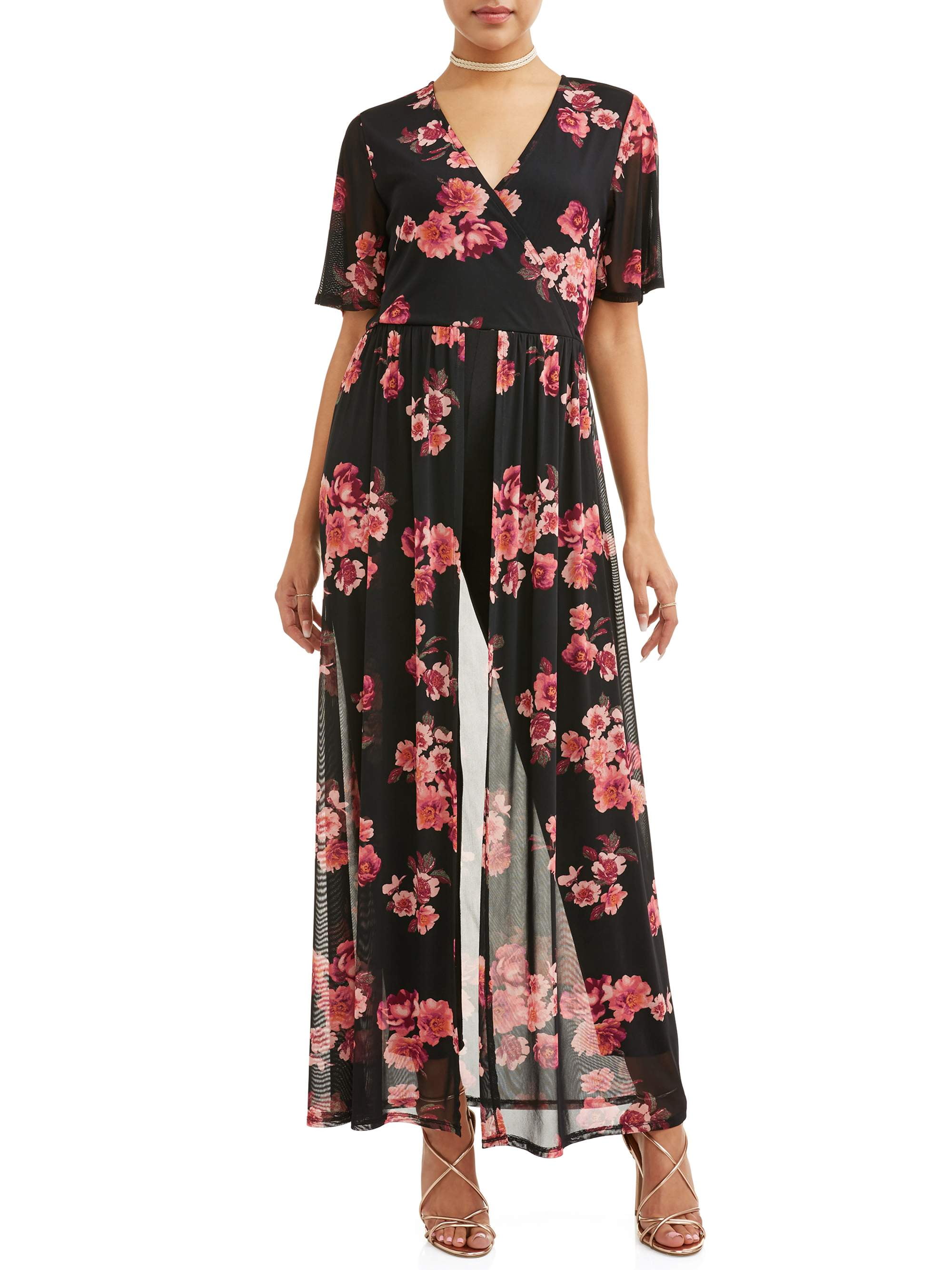 No Boundaries Juniors' flutter sleeve wrap walk through dress - Walmart.com
