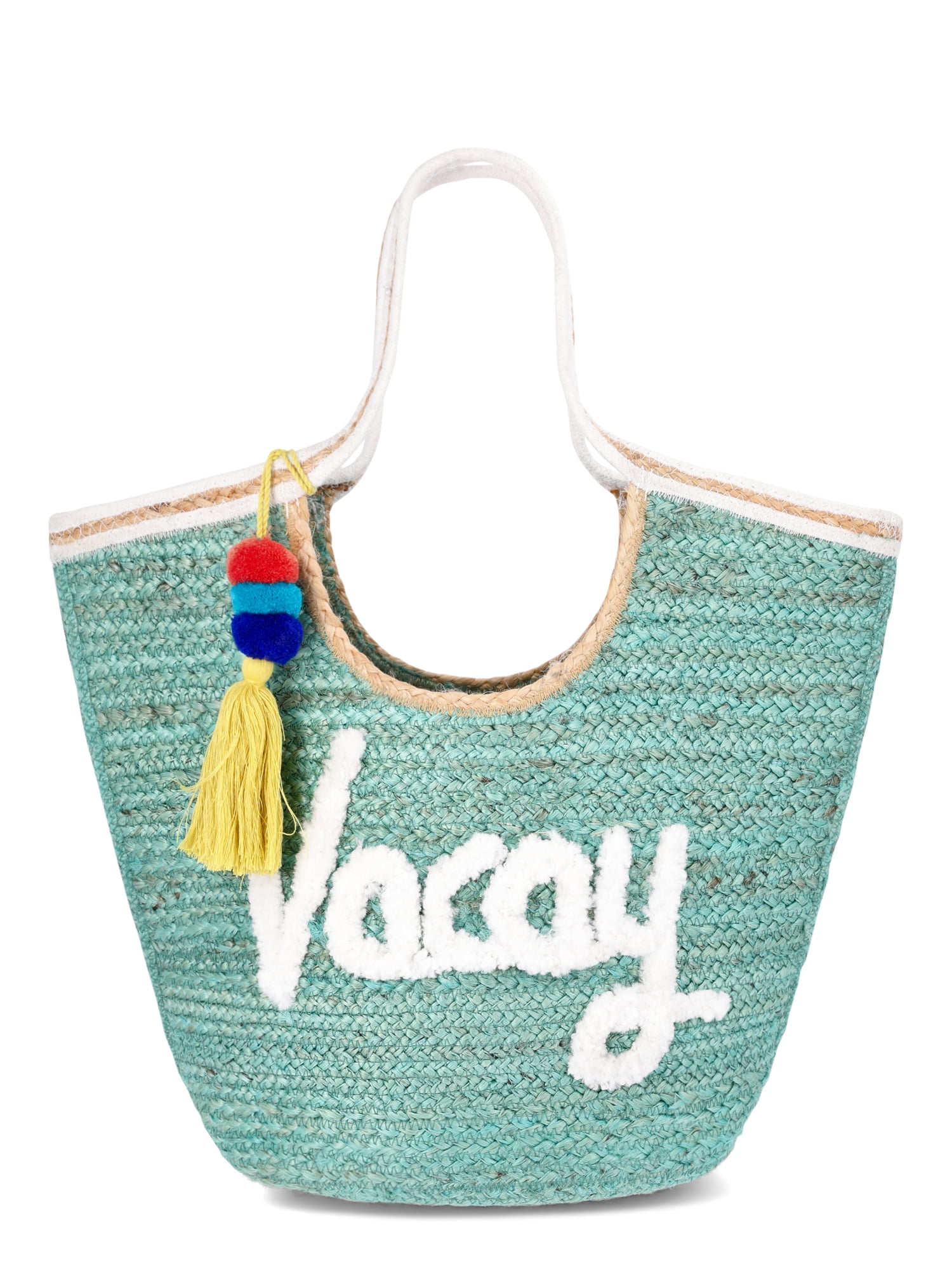 No Boundaries Jute Tote Bag for Women, Vacay Teal, Straw Texture with ...