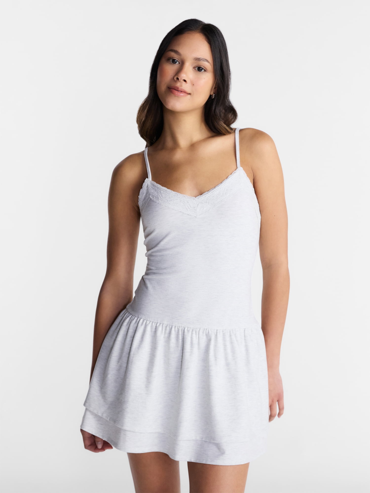 No Boundaries Lace Trim Tiered Mini Dress, Women's XXS-XXL - Walmart.com