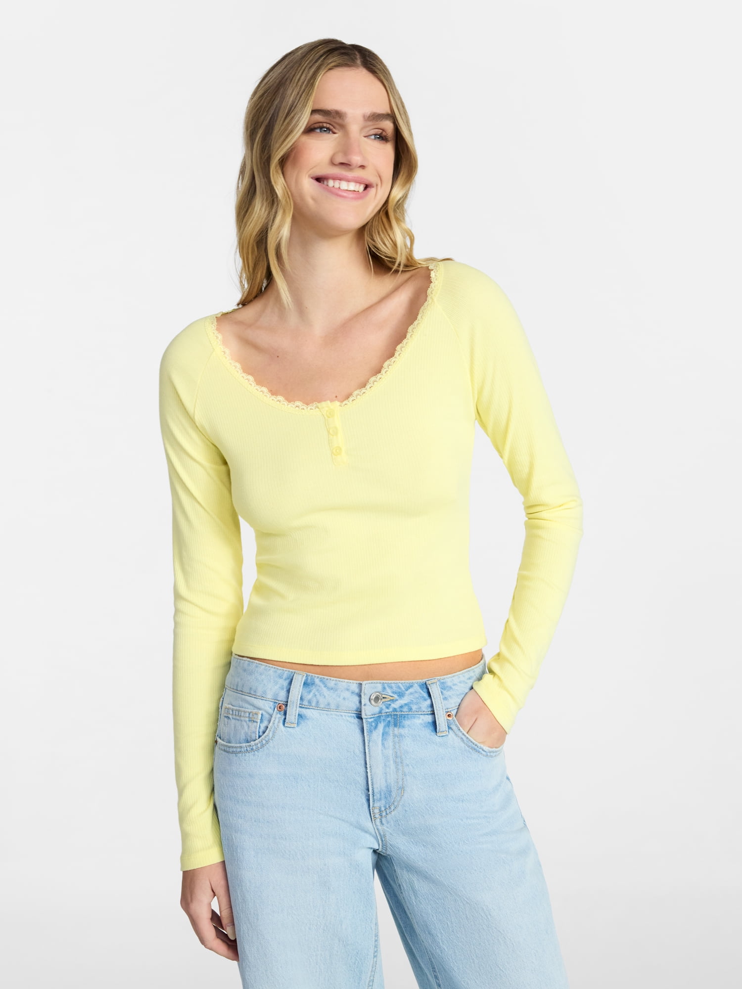 No Boundaries Long Sleeve Henley Top with Lace Trim, Women's XXS-XXL ...