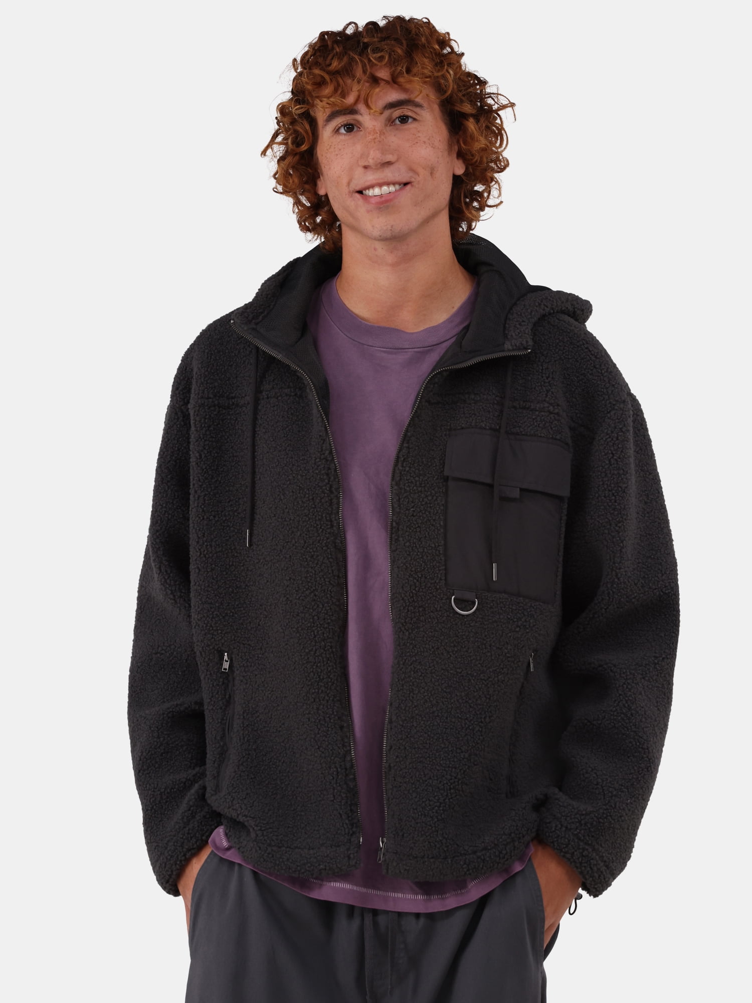 No Boundaries Men's Faux Shearling Fleece Full Zip Hoodie, Sizes XS-3XL ...