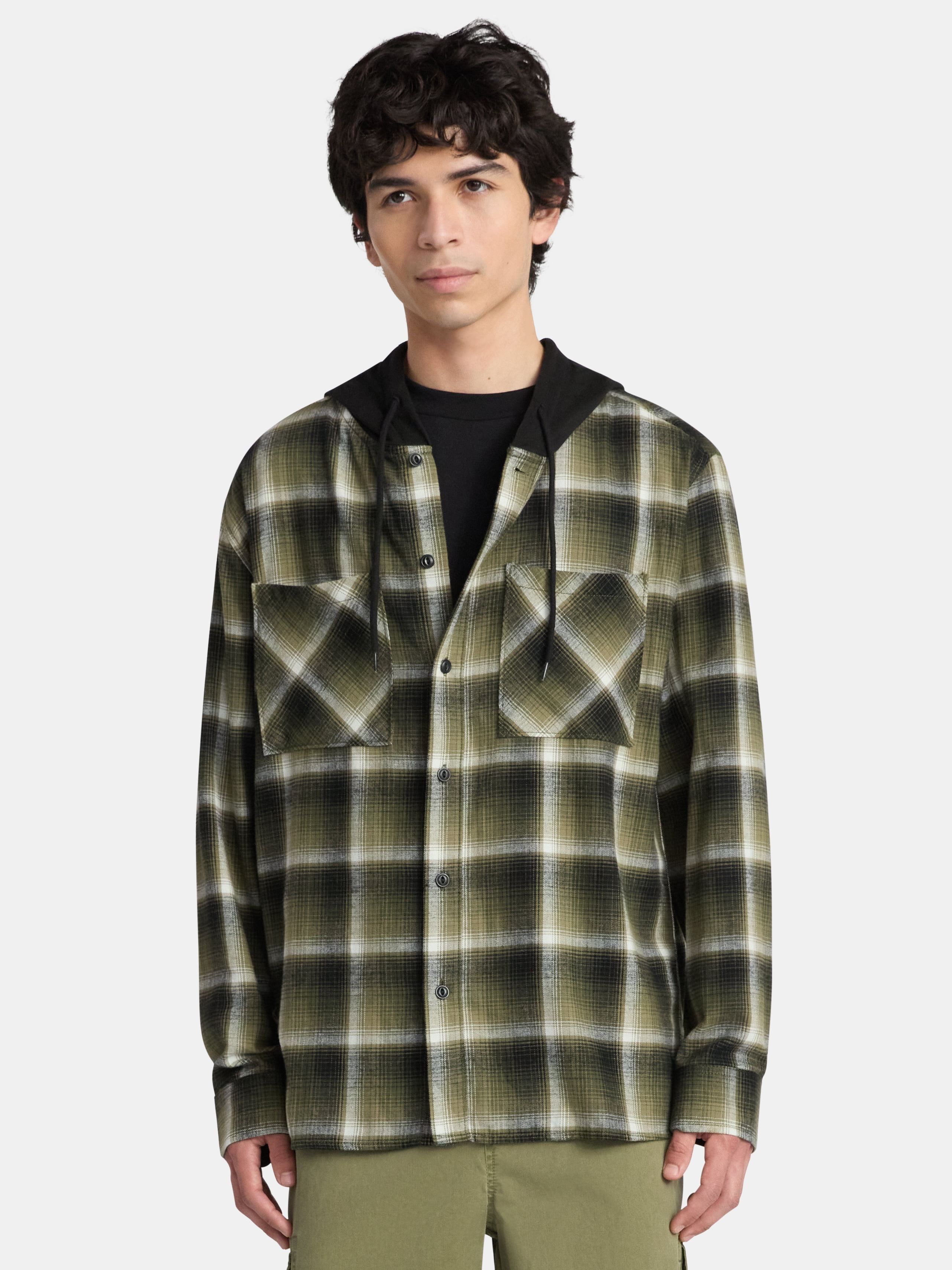 No Boundaries Men's & Big Men's Hooded Flannel Shirt with Long Sleeves ...