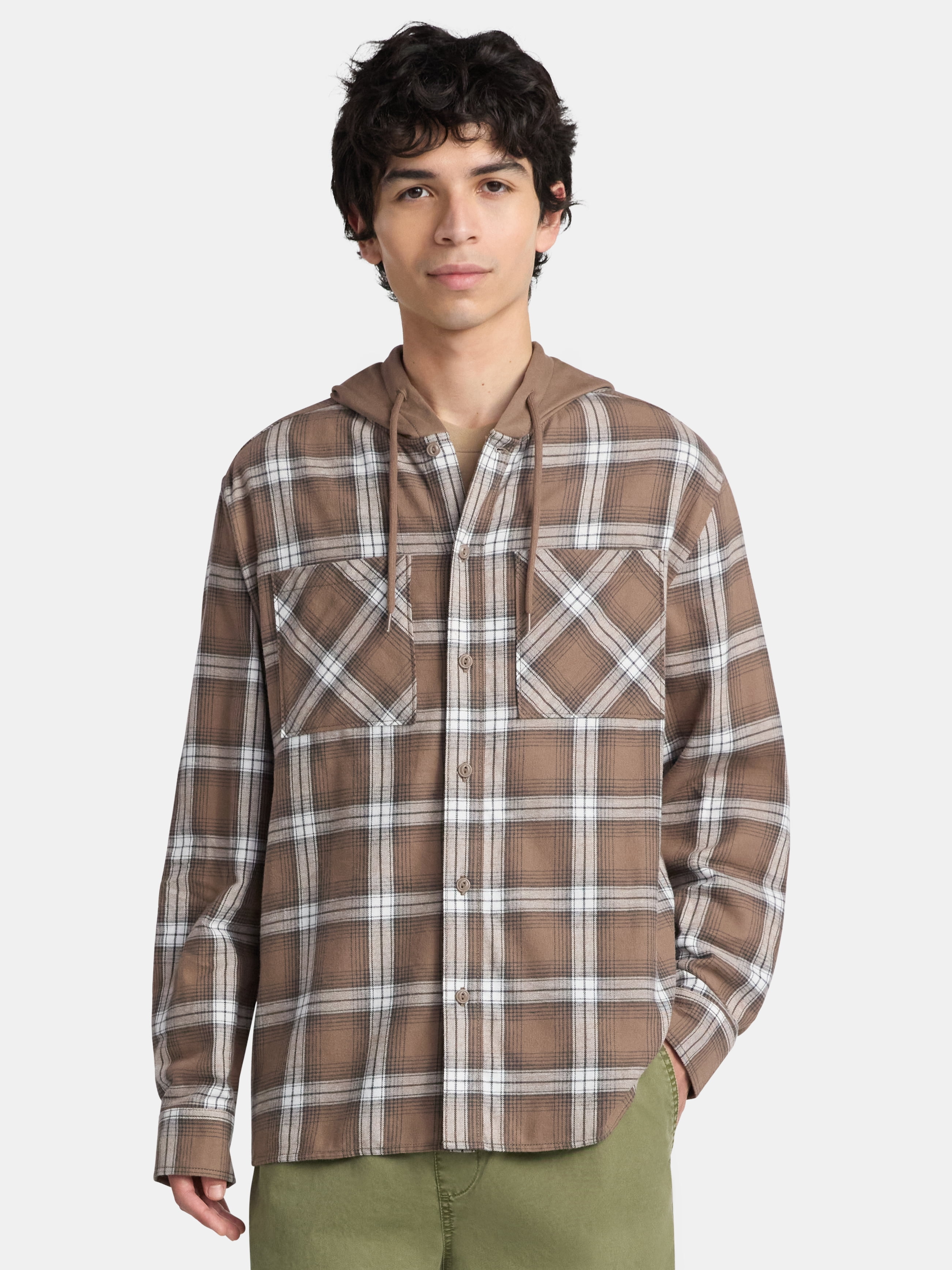 No Boundaries Men's & Big Men's Hooded Flannel Shirt with Long Sleeves ...