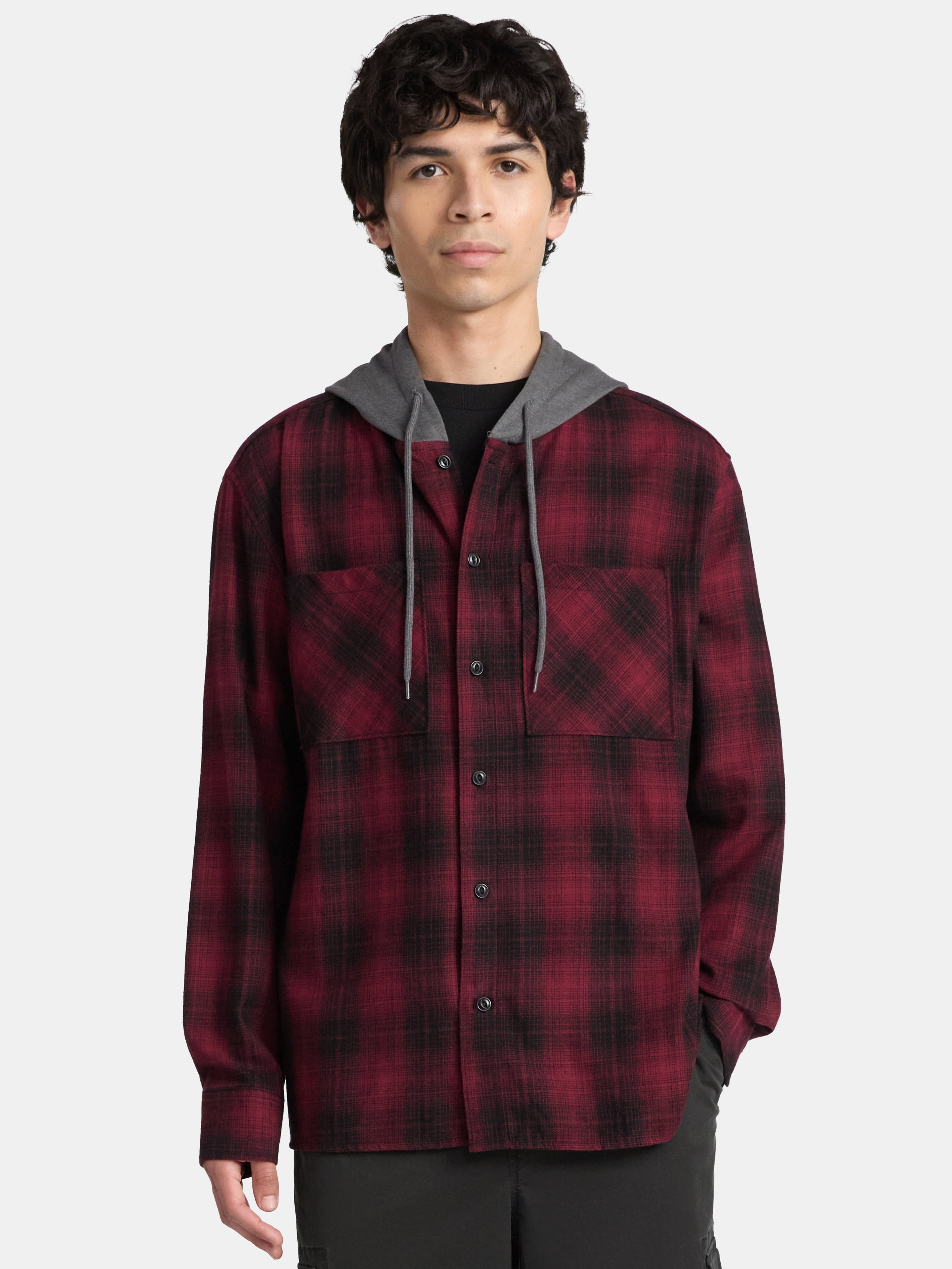 No Boundaries Men's & Big Men's Hooded Flannel Shirt with Long Sleeves ...