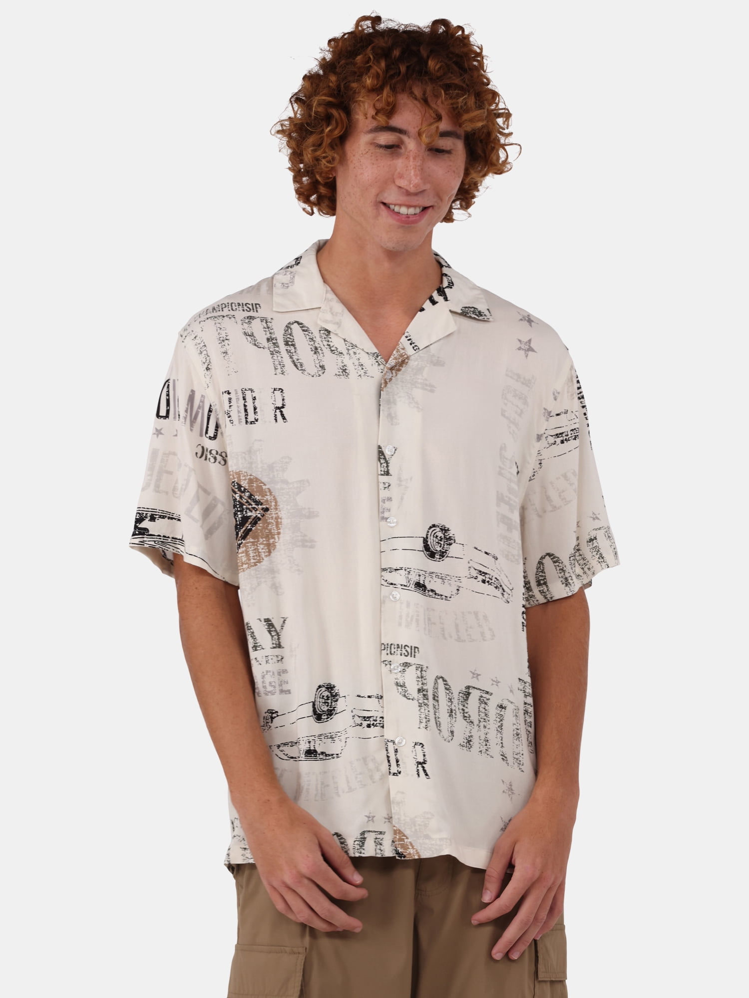 No Boundaries Men's & Big Men's Rayon Print Button Up Shirt with Resort ...