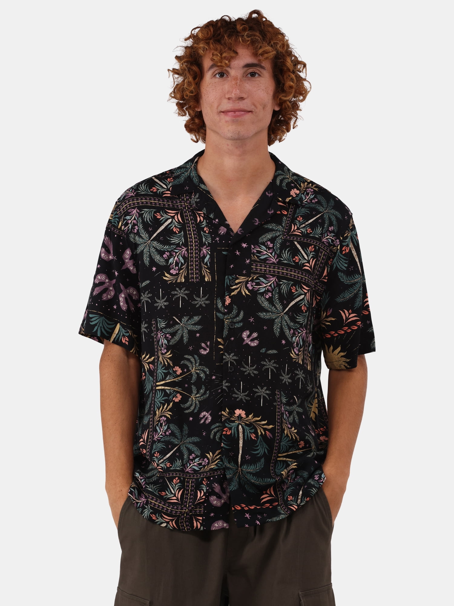 No Boundaries Men's & Big Men's Rayon Print Button Up Shirt with Resort ...