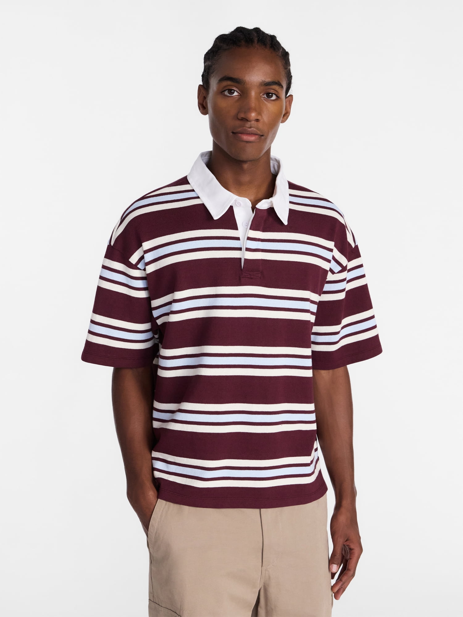 No Boundaries Striped Rugby Shirt with Short Sleeves, Men's XS-4XLT ...