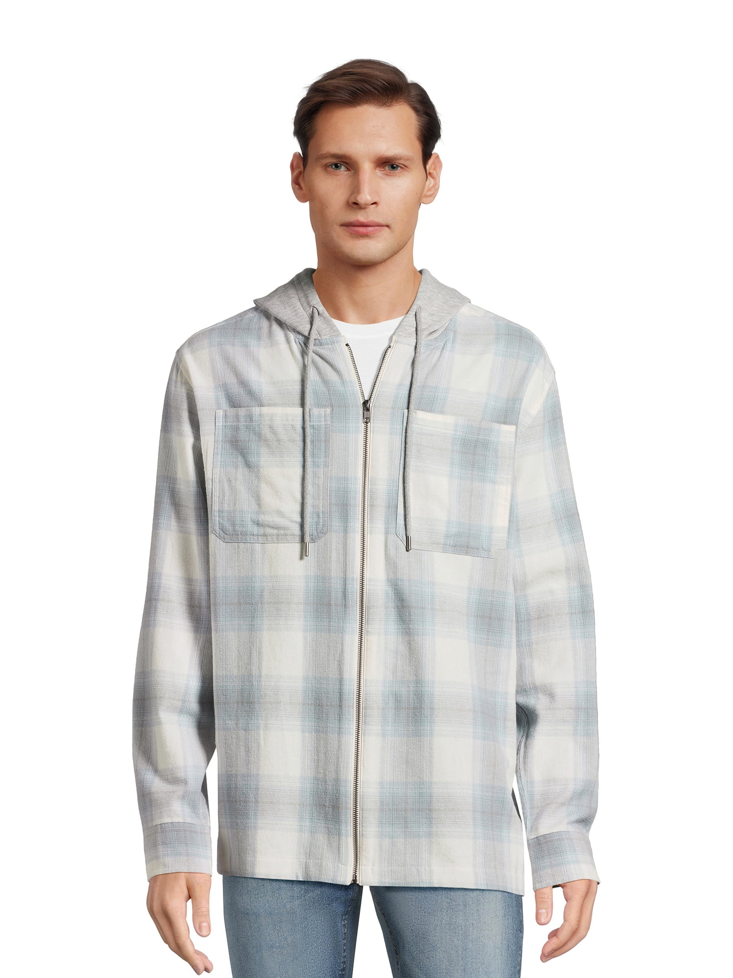 No Boundaries Men’s & Big Men’s Zip Hooded Flannel Shirt, Sizes XS-5XL ...