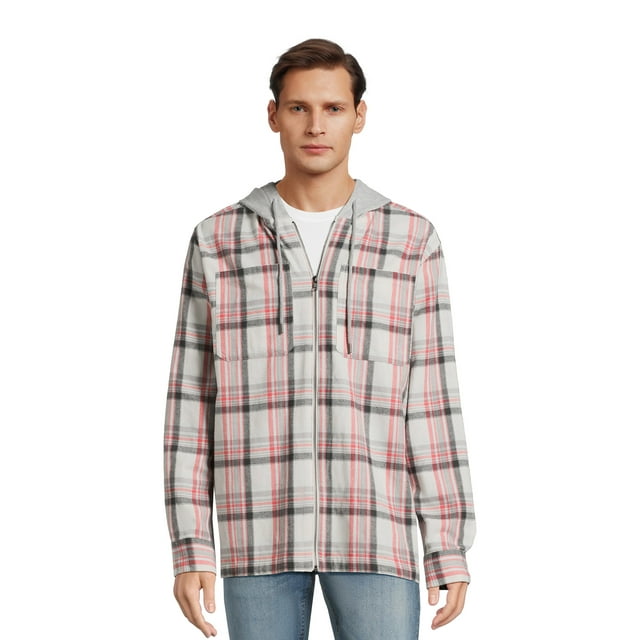 No Boundaries Men’s & Big Men’s Zip Hooded Flannel Shirt, Sizes XS-5XL ...