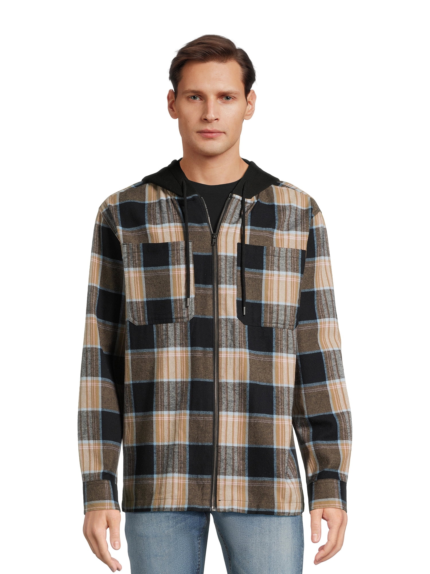 No Boundaries Men's Plaid Hooded Flannel Shirt with Zipper & Pockets ...