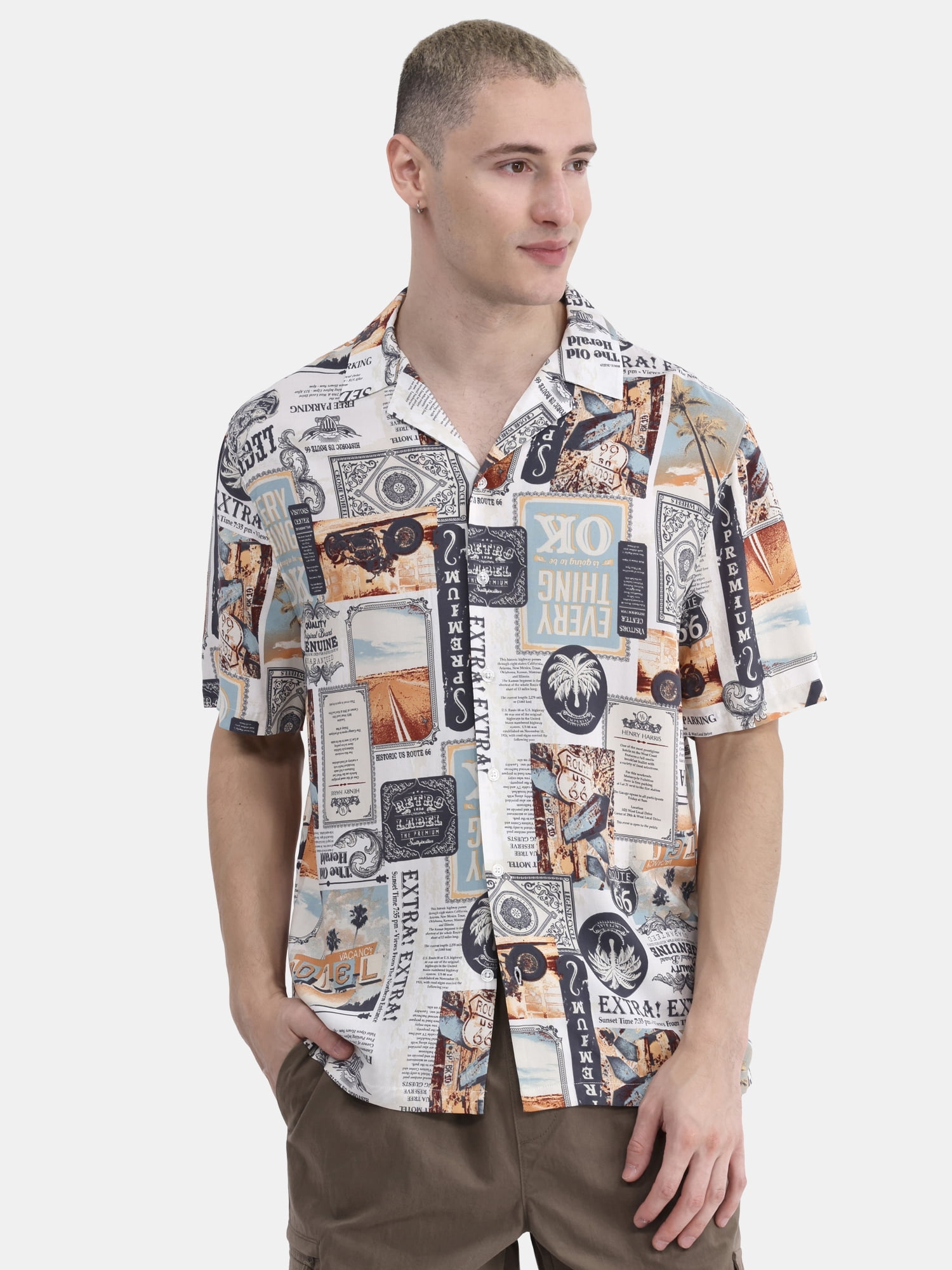 No Boundaries Men's & Big Men's Rayon Print Button Up Shirt with Resort ...