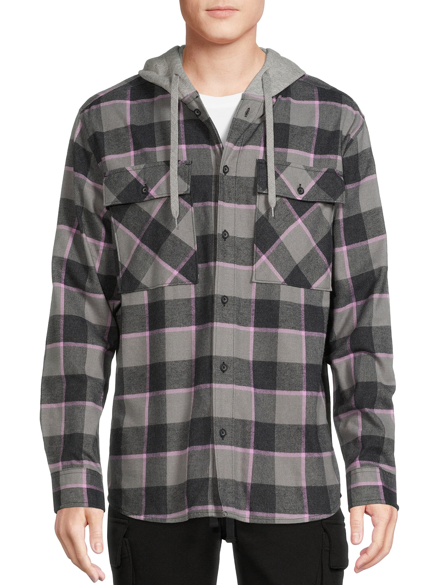 No Boundaries Hooded Flannel Shirt - Long Sleeve Plaid Pattern ...