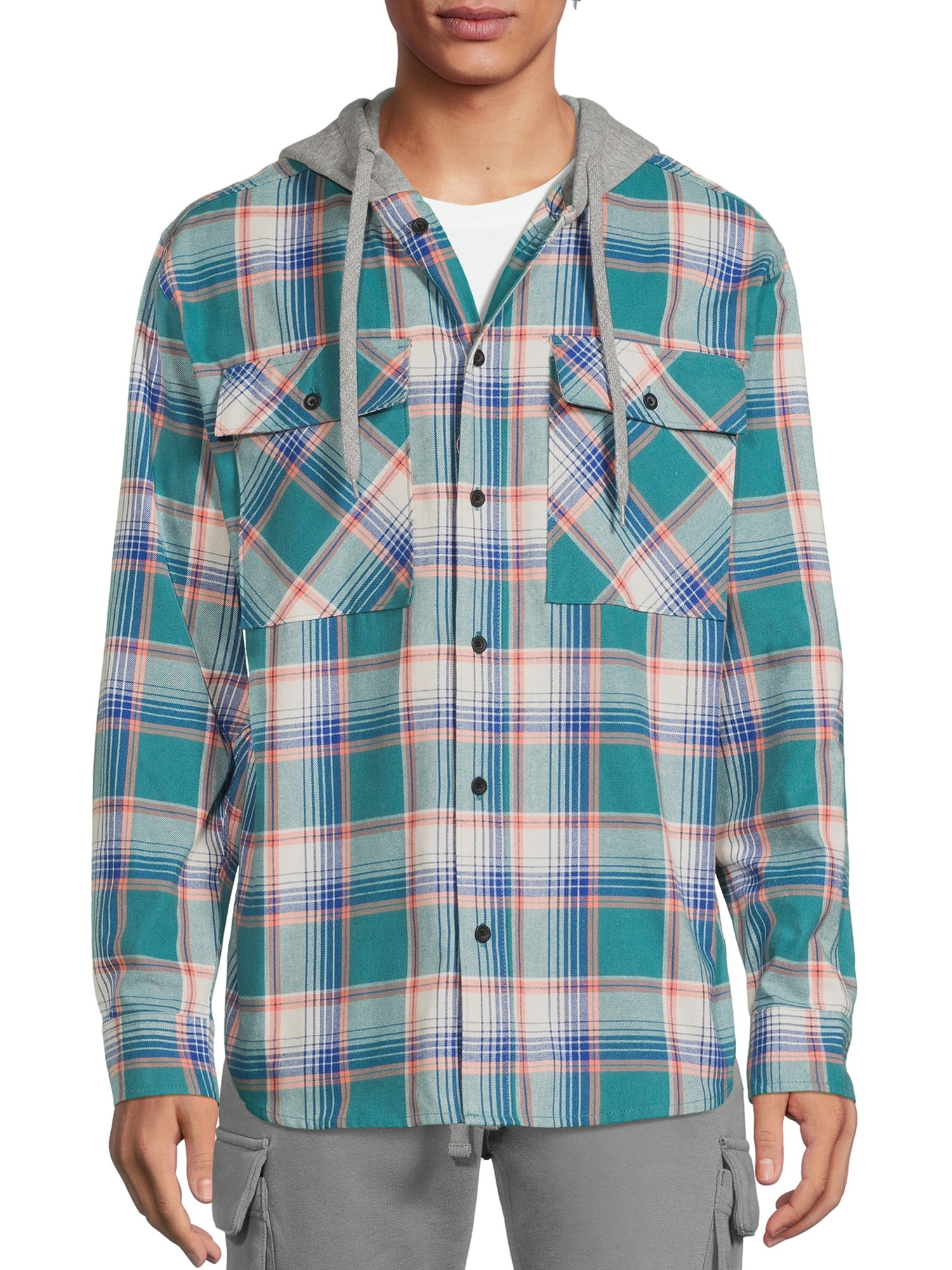 No Boundaries Men's and Big Men's Hooded Flannel Shirt with Long ...
