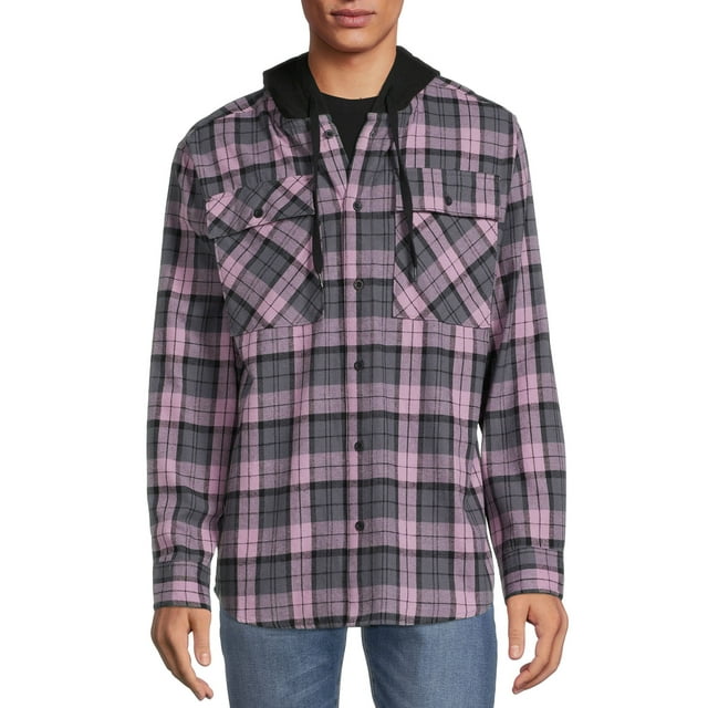 No Boundaries Men's and Big Men's Long Sleeve Hooded Flannel Shirt ...
