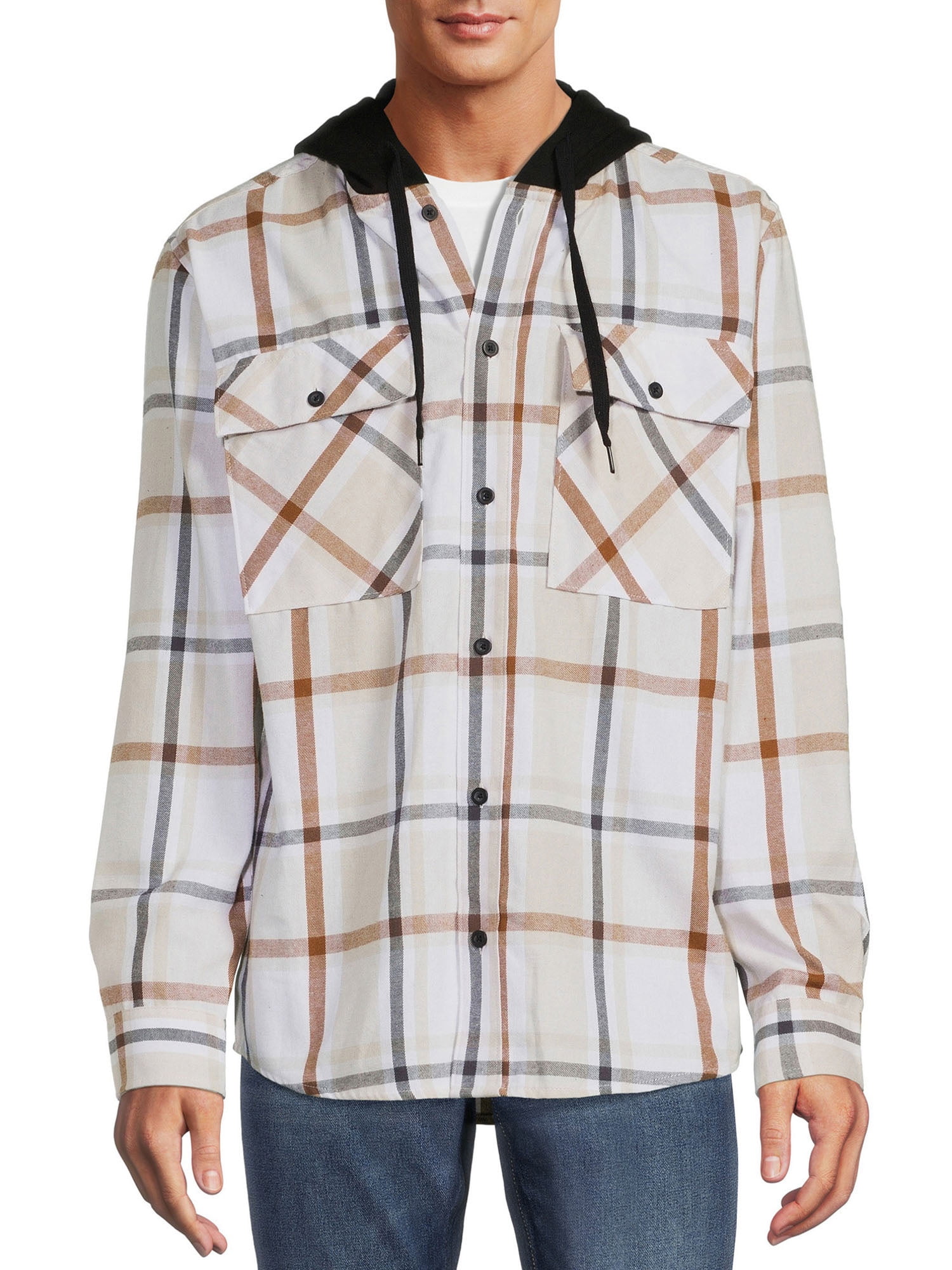 No Boundaries Men's and Big Men's Long Sleeve Hooded Flannel Shirt ...