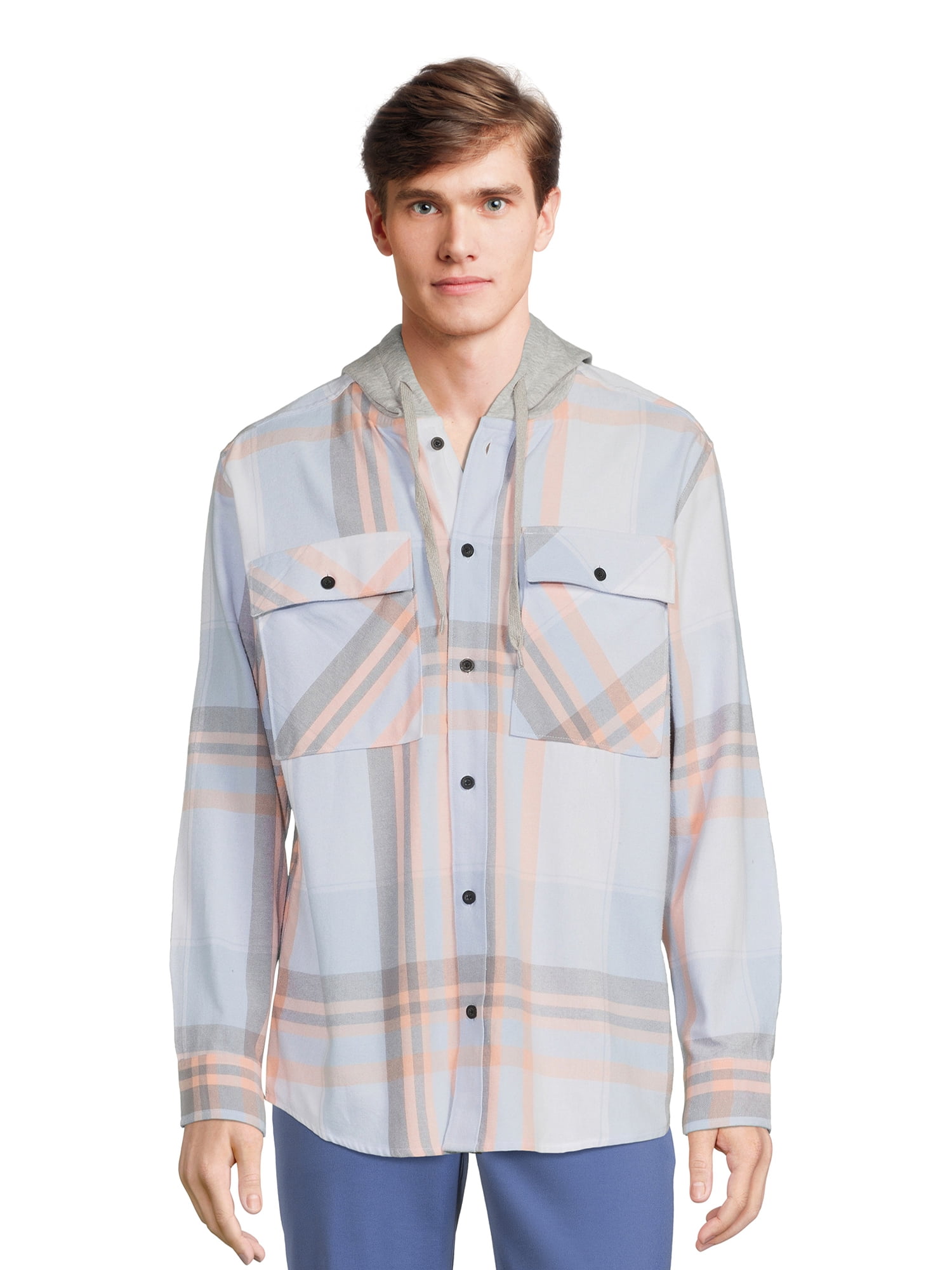 No Boundaries Men's Hooded Flannel Shirt, Cotton, Relaxed Fit, Sizes up ...