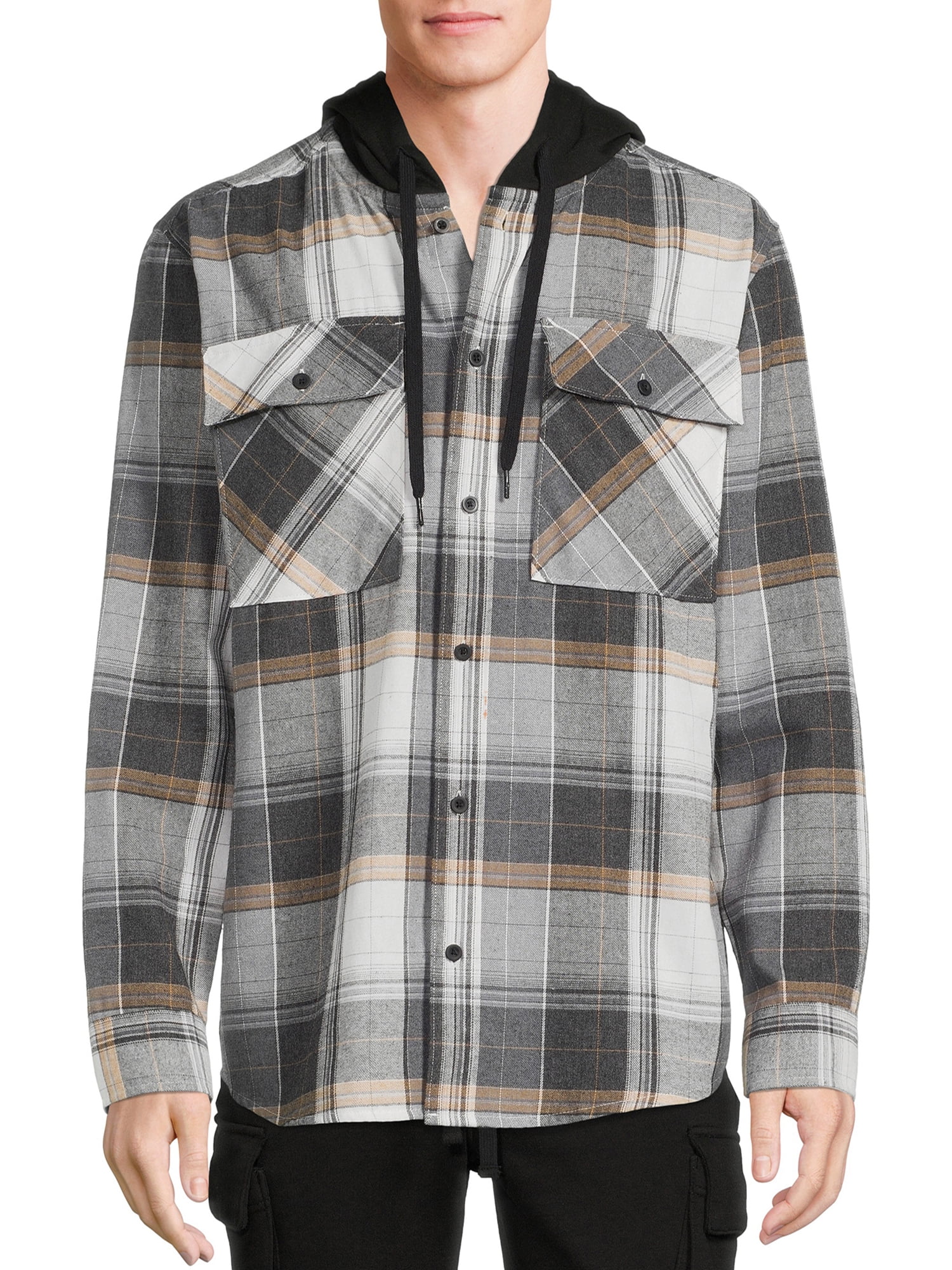 No Boundaries Men's and Big Men's Long Sleeve Hooded Flannel Shirt ...