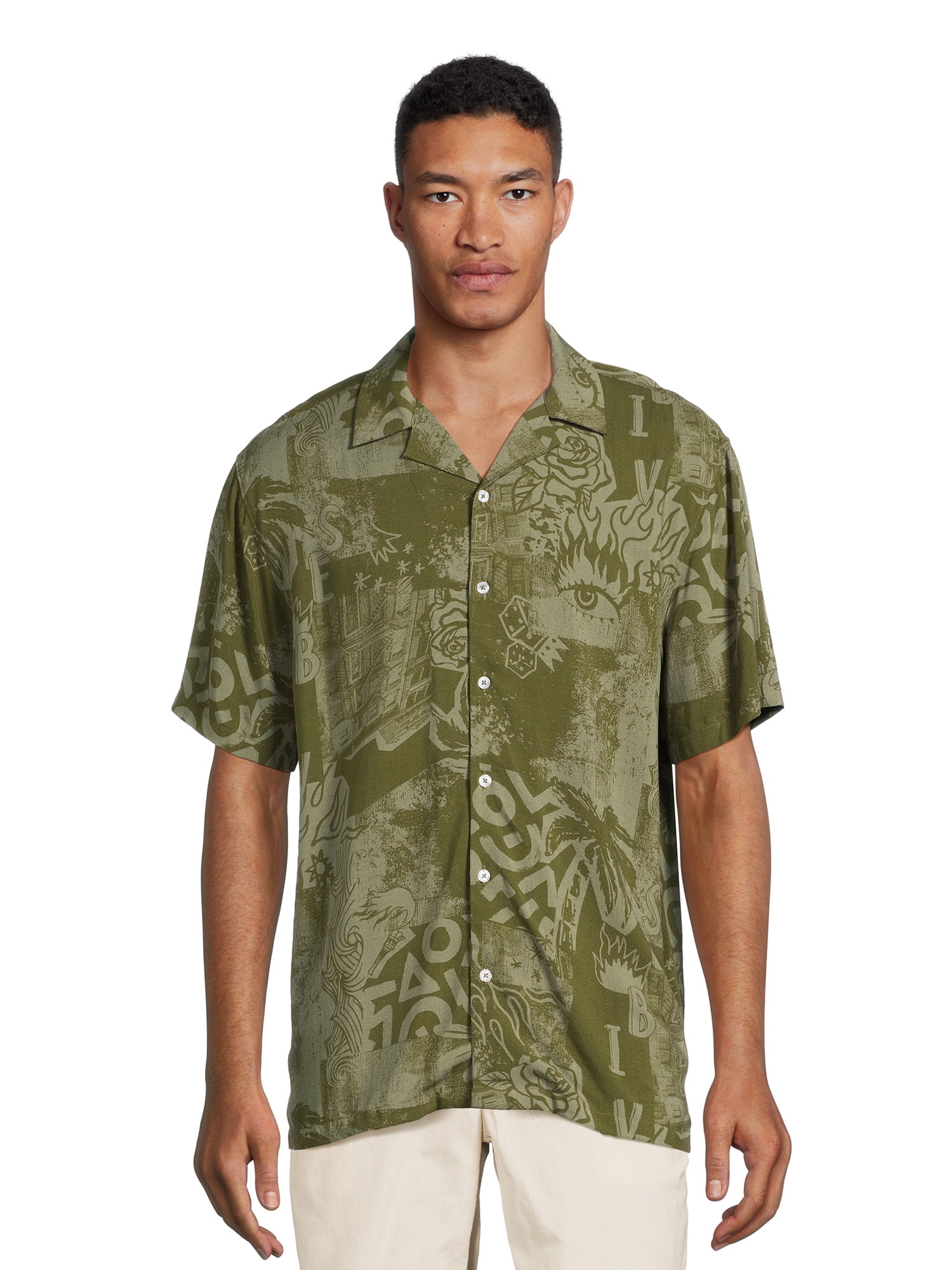 No Boundaries Men's Rayon Resort Shirt XS-3XL, Button-Down, Relaxed Fit ...