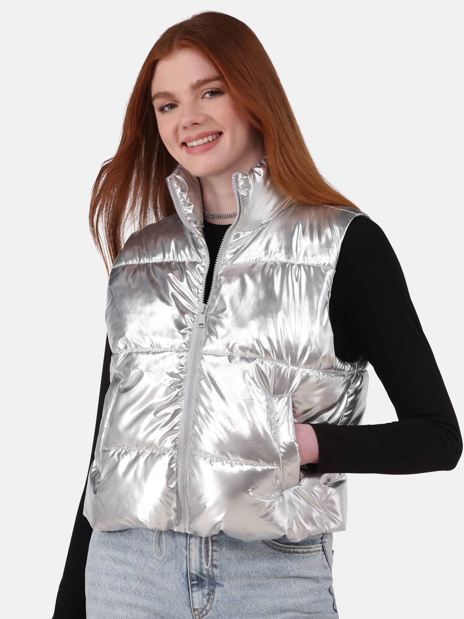No Boundaries Metallic Puffer Vest, Women's and Women’s Plus - Walmart.com