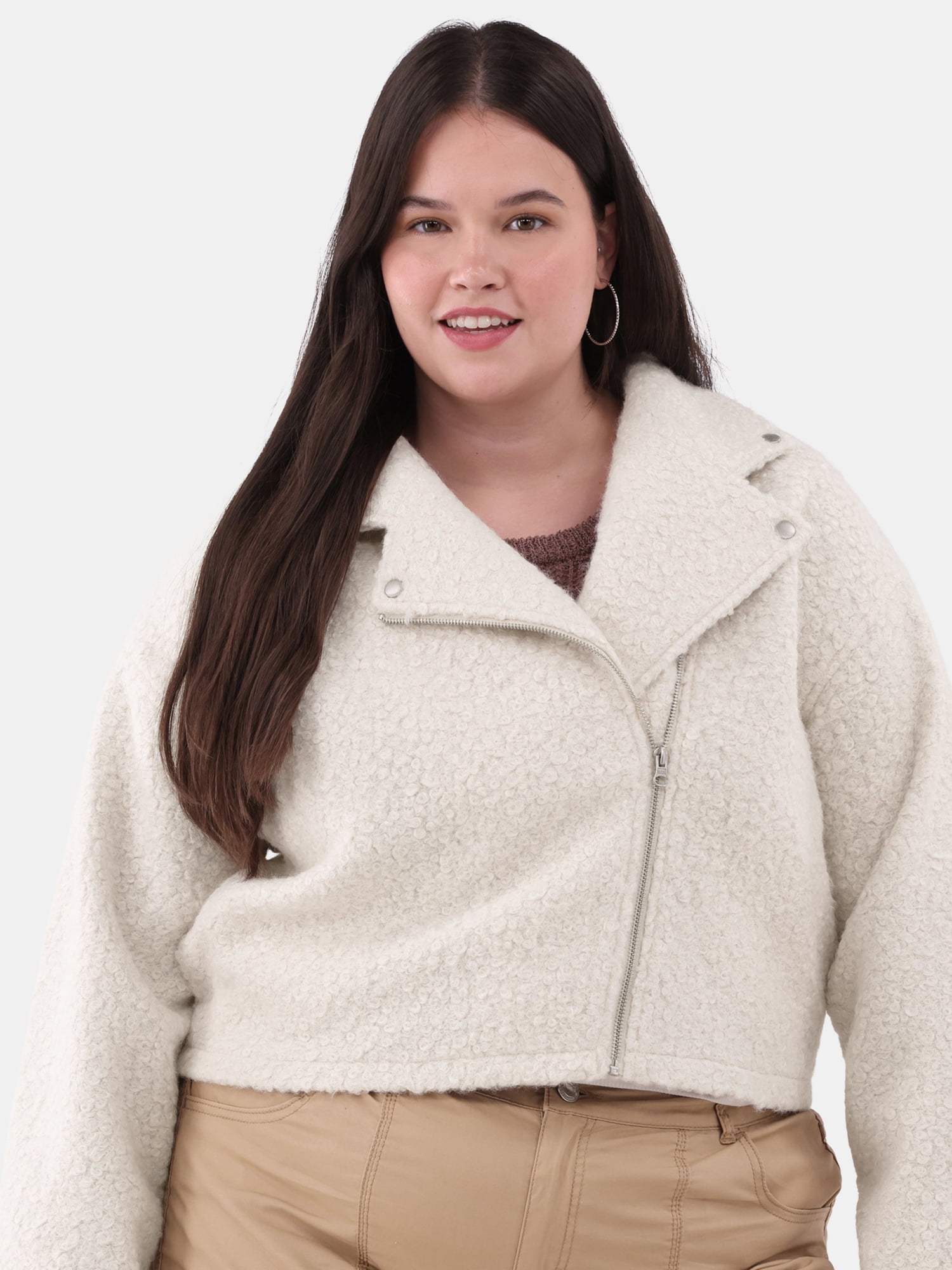 No Boundaries Asymmetric Zip Faux Shearling Moto Jacket, Women's and ...