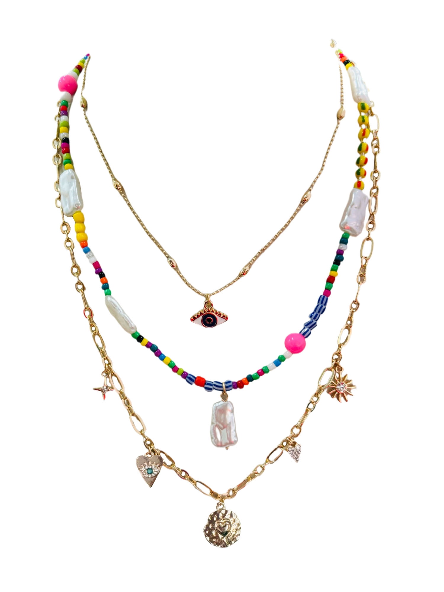 No Boundaries Multicolor Beaded Evil Eye Gold Plated Necklace Pack for ...