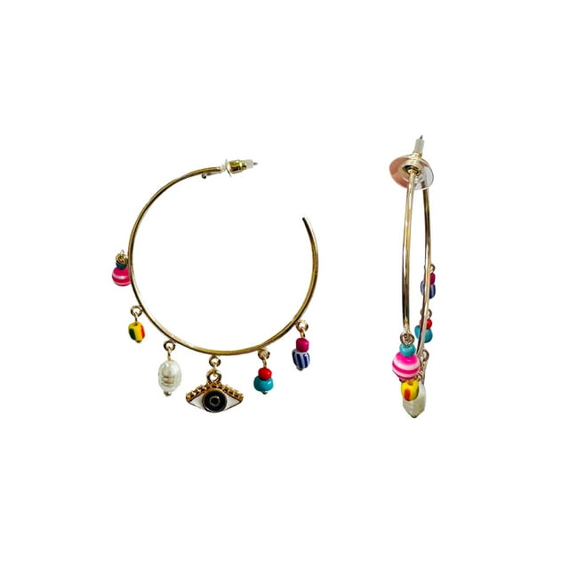 No Boundaries Multi-Colored Beads Hamsa Hand Gold Drop Hoops for Female ...