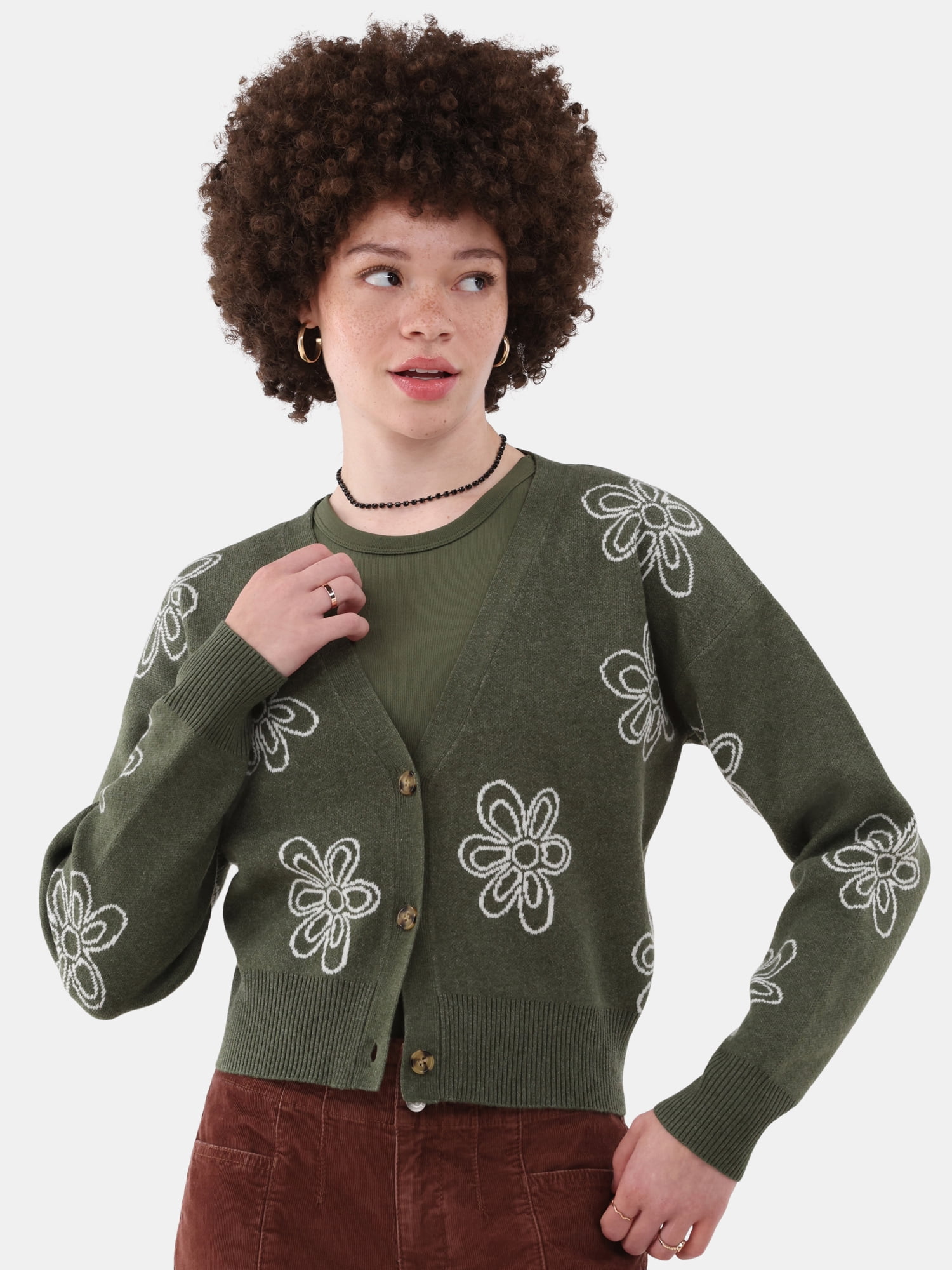 No Boundaries Women's Novelty Cropped Cardigan with Ribbed Cuffs and ...