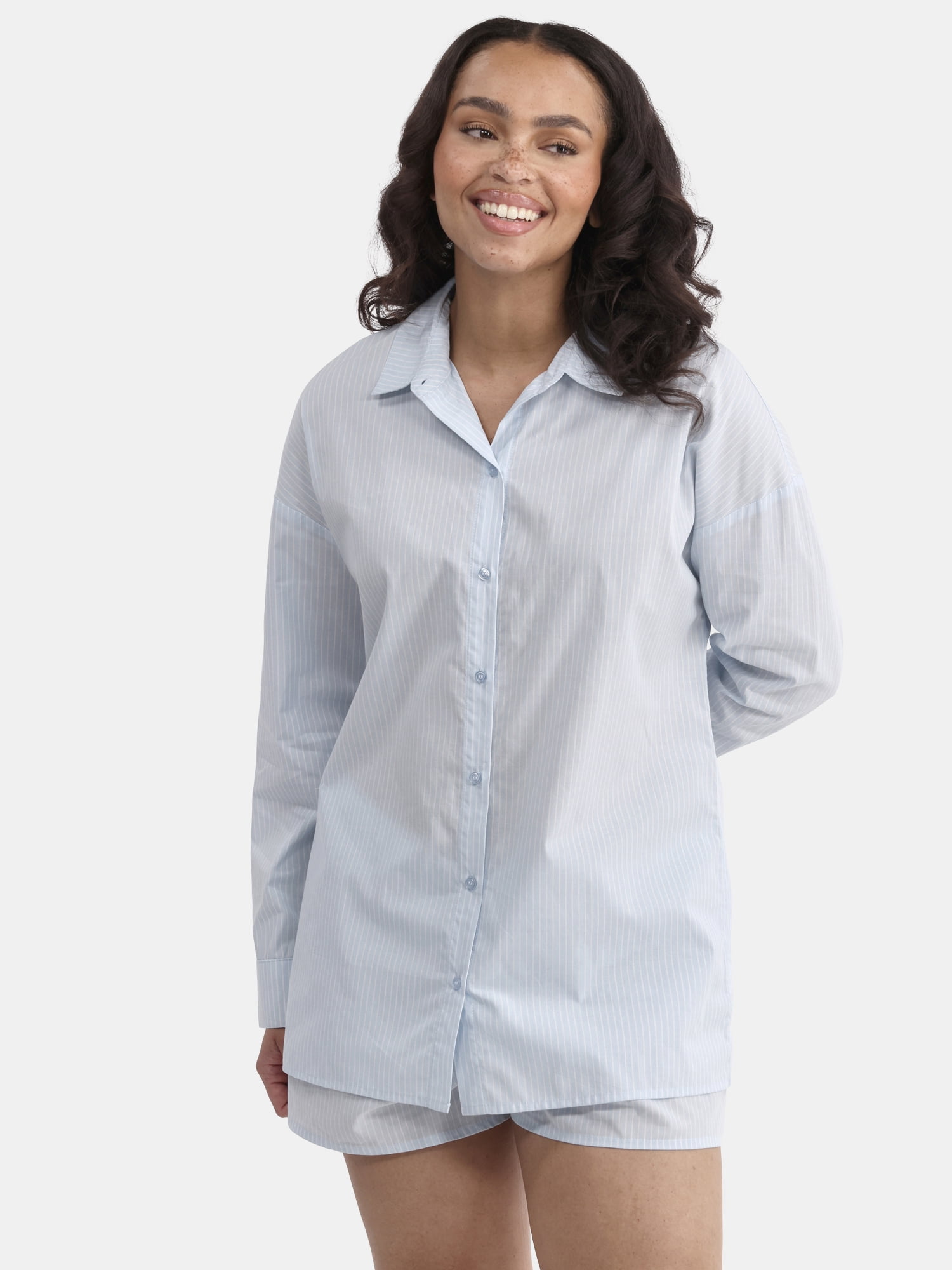No Boundaries Oversized Button-Up Shirt and Boxer Shorts Set, 2-Piece, Women's - Walmart.com