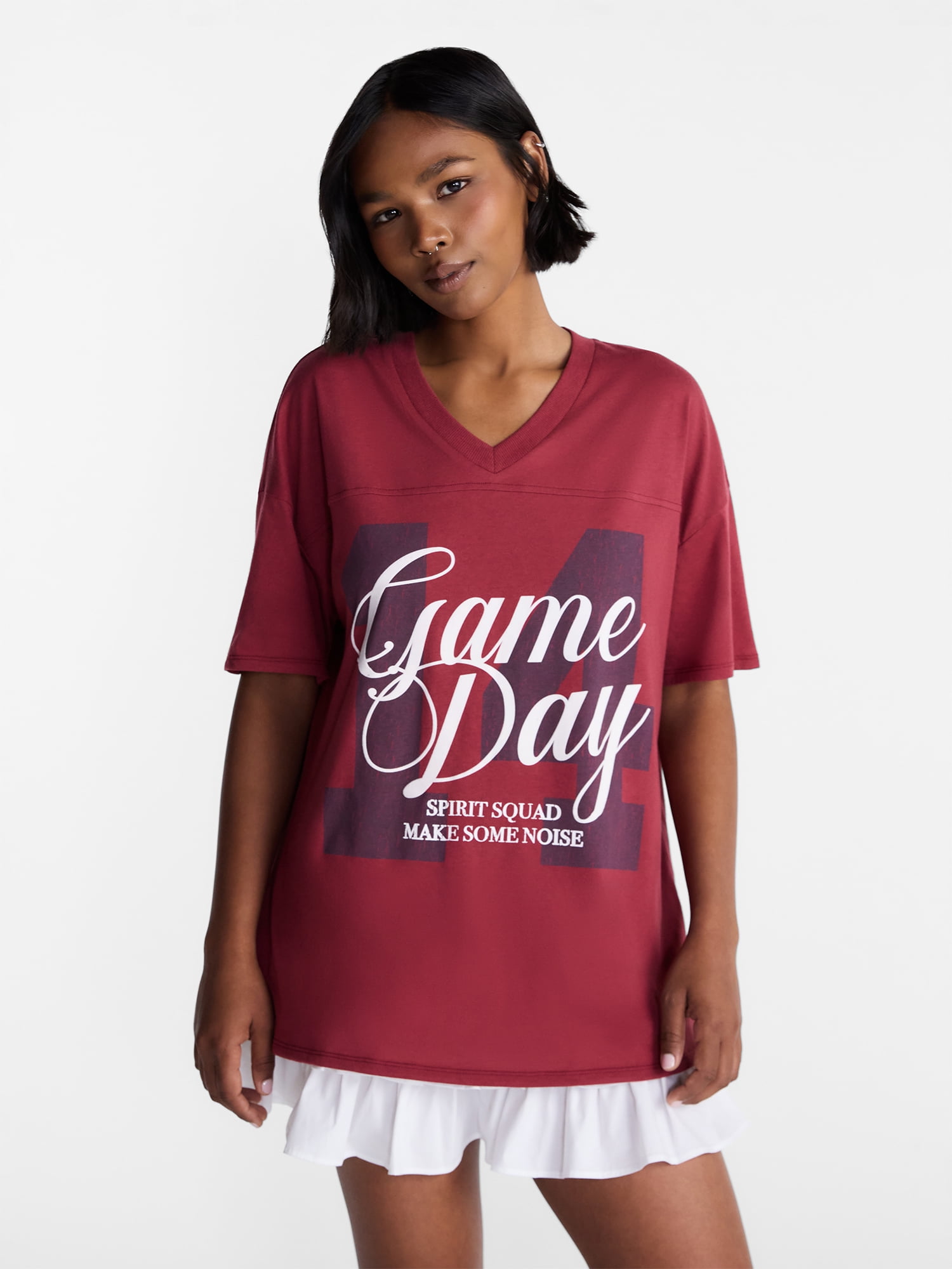No Boundaries Oversized Graphic V Neck Football Tee, Women's XXS-XXL ...