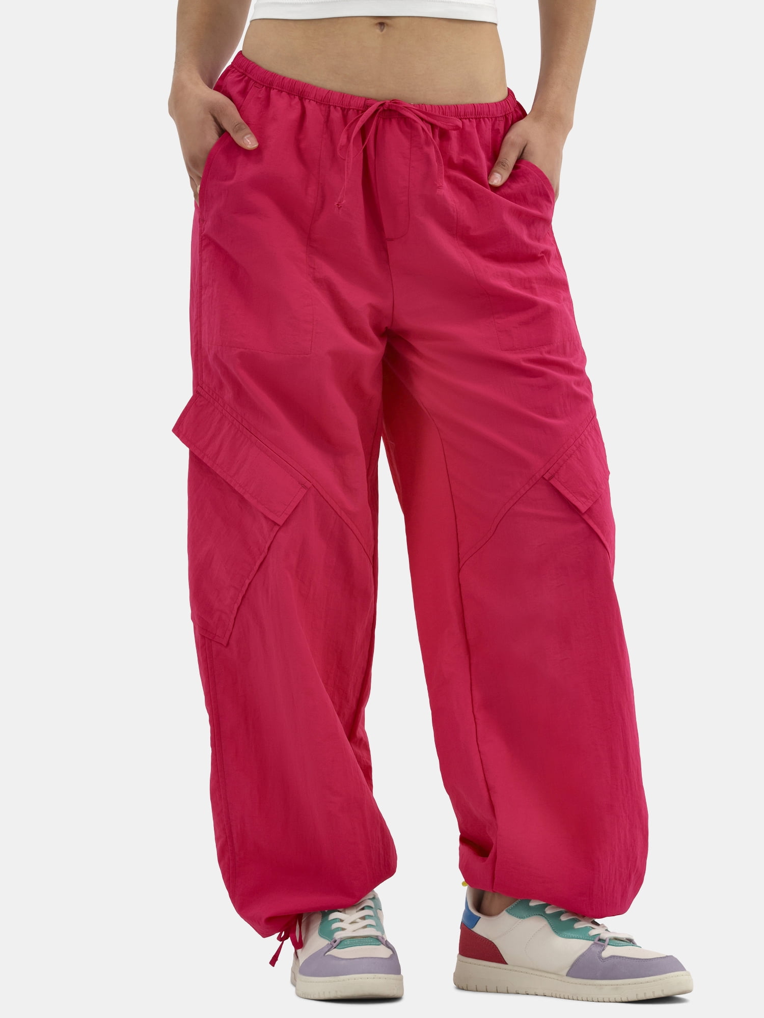 No Boundaries Women's Nylon Parachute Pants with Pockets, Relaxed Fit ...