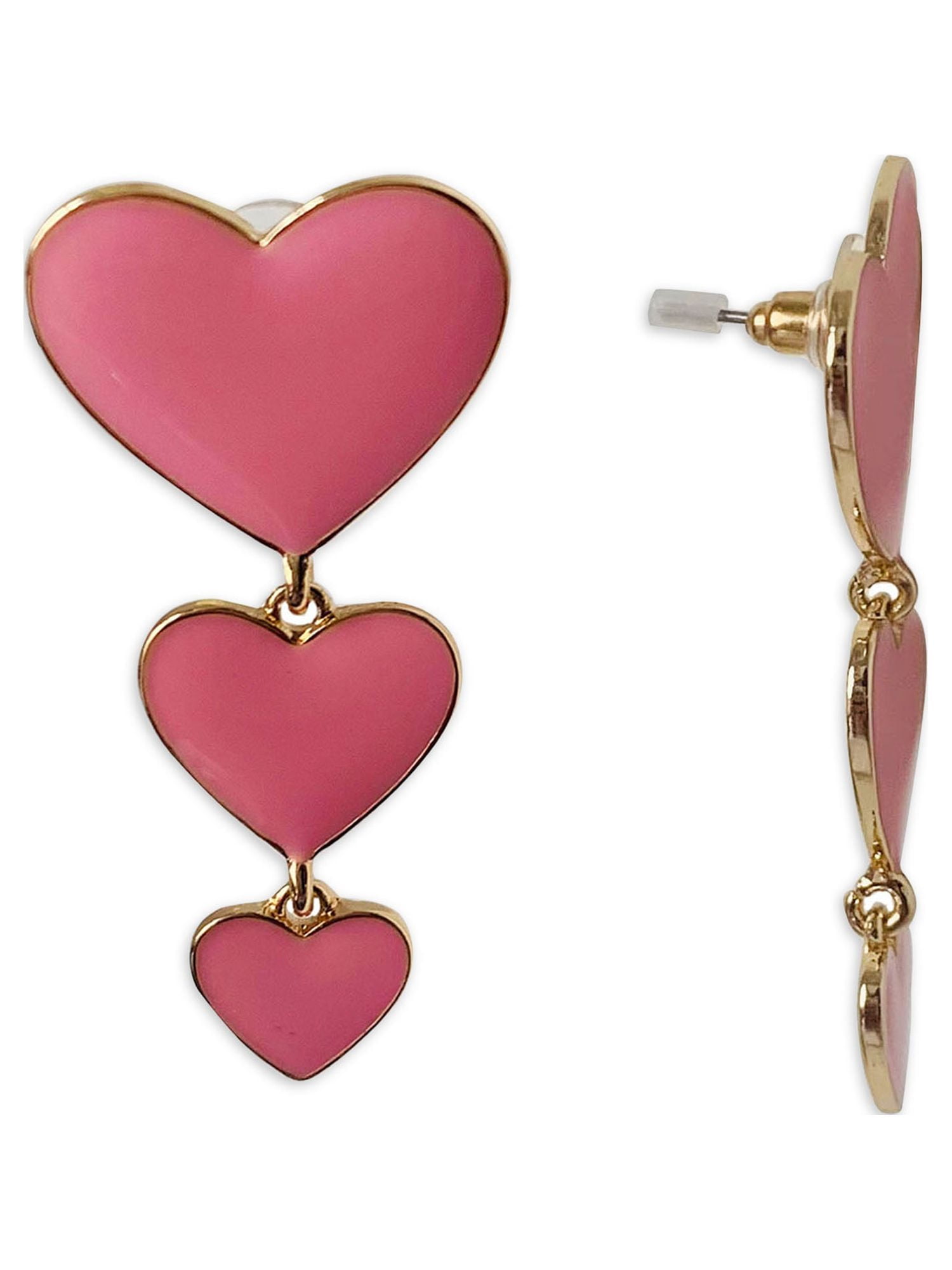 No Boundaries Pink, Triple Heart, Brass Drop Earrings - Walmart.com