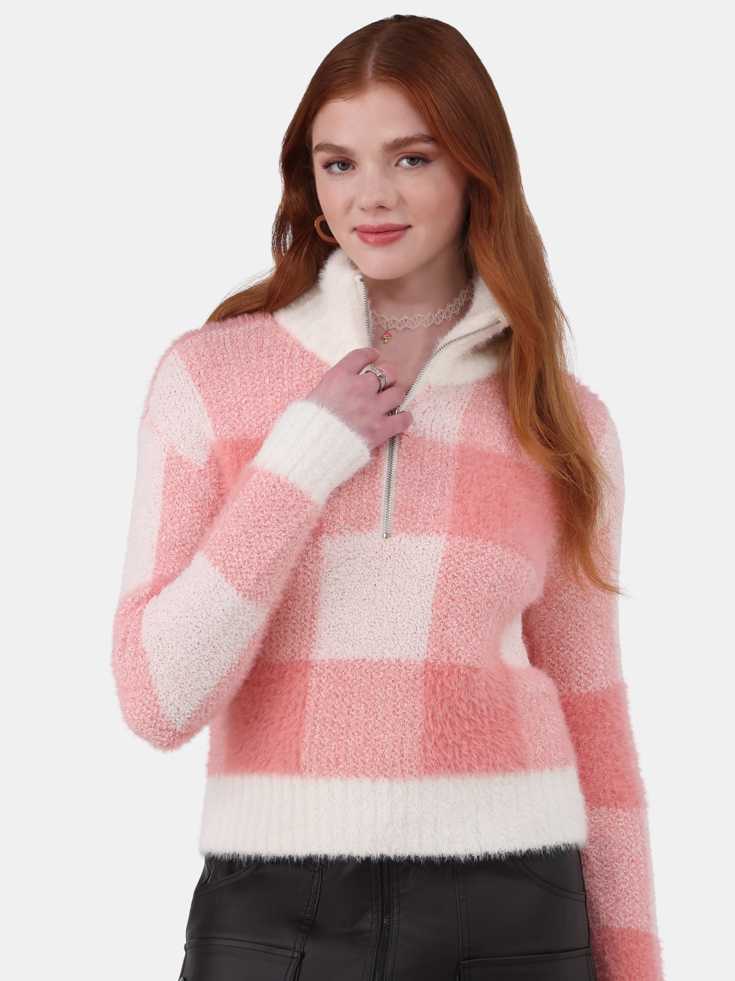 No Boundaries Plaid Quarter Zip Pullover Sweater - Walmart.com