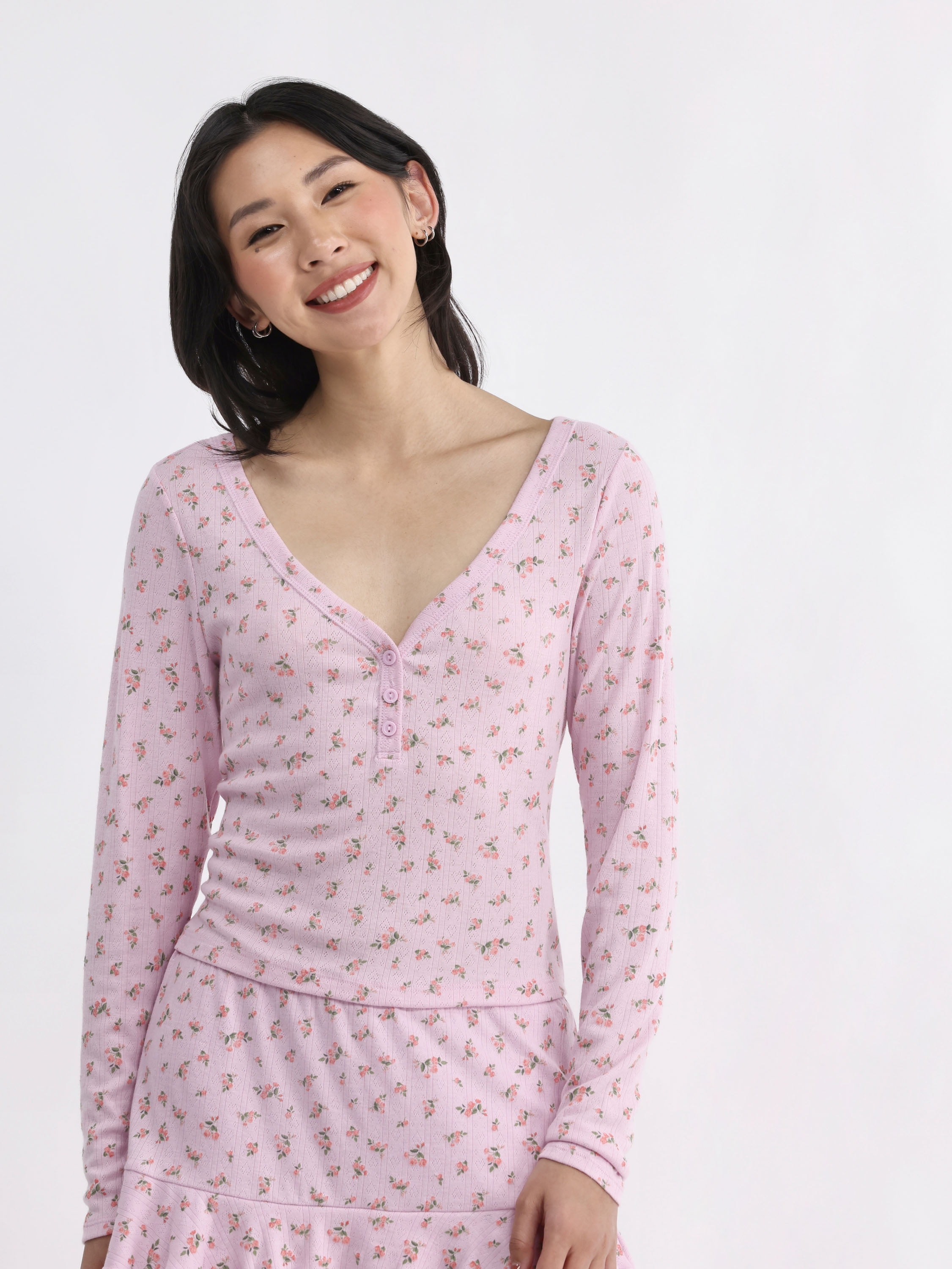 No Boundaries Pointelle Henley Sleep Top - women's - Walmart.com